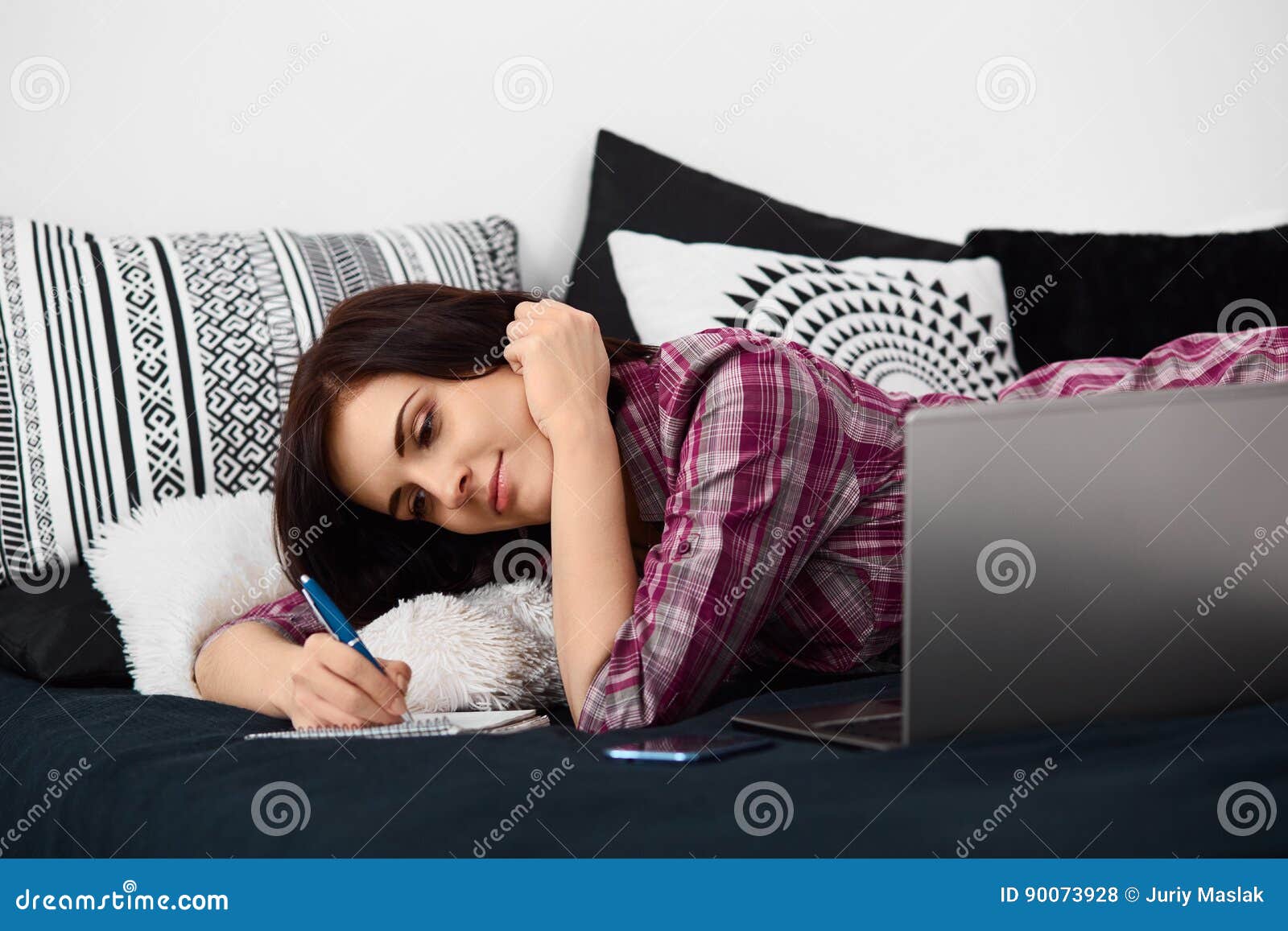 Young Freelancer Woman Using Laptop Happy Smiling Girl Working O Stock