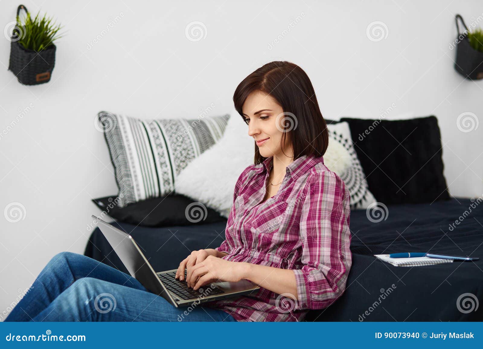 Young Freelancer Woman Using Laptop Happy Smiling Girl Working O Stock