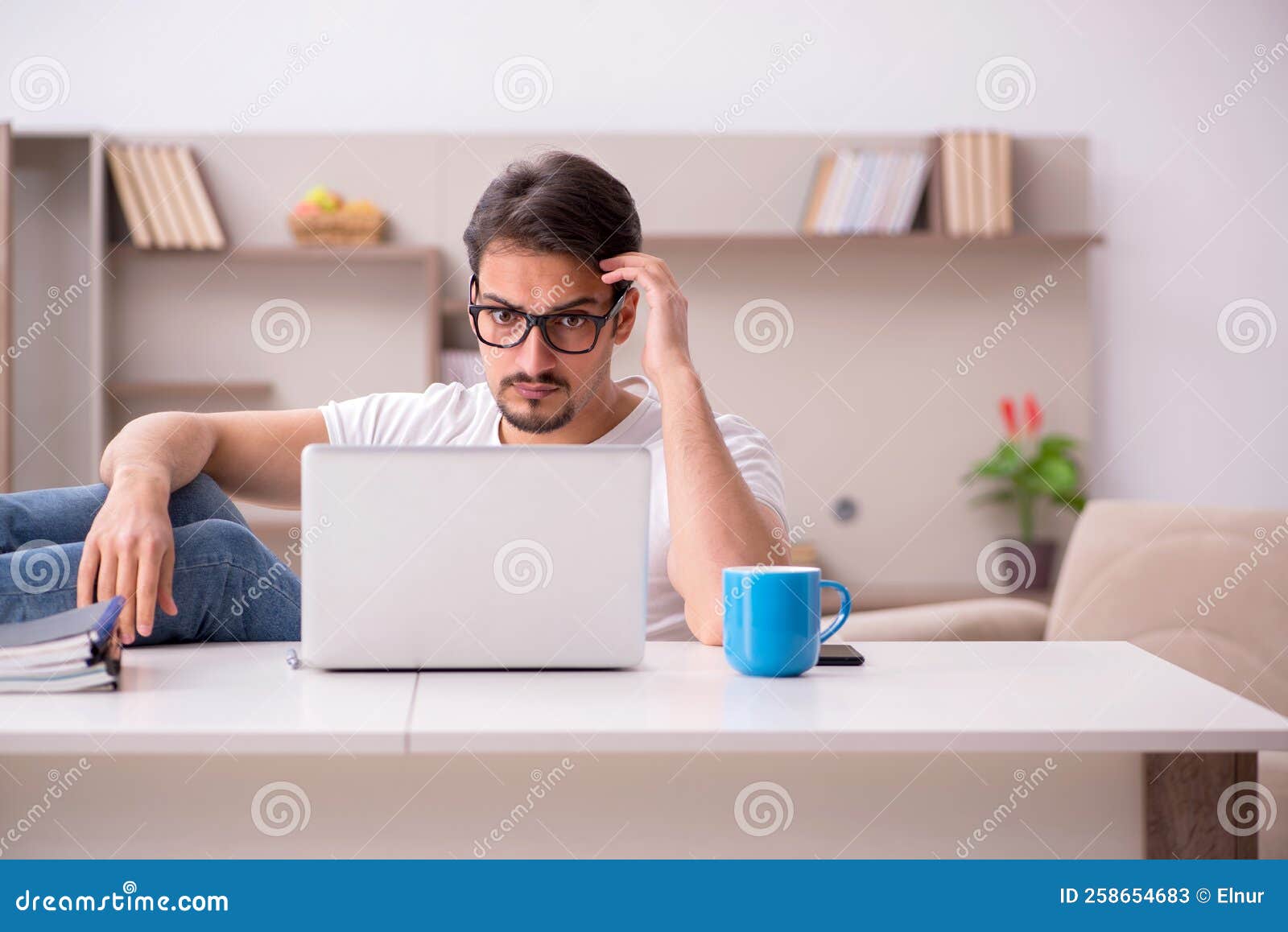 Young Male Freelancer Working from Home Stock Image - Image of internet ...