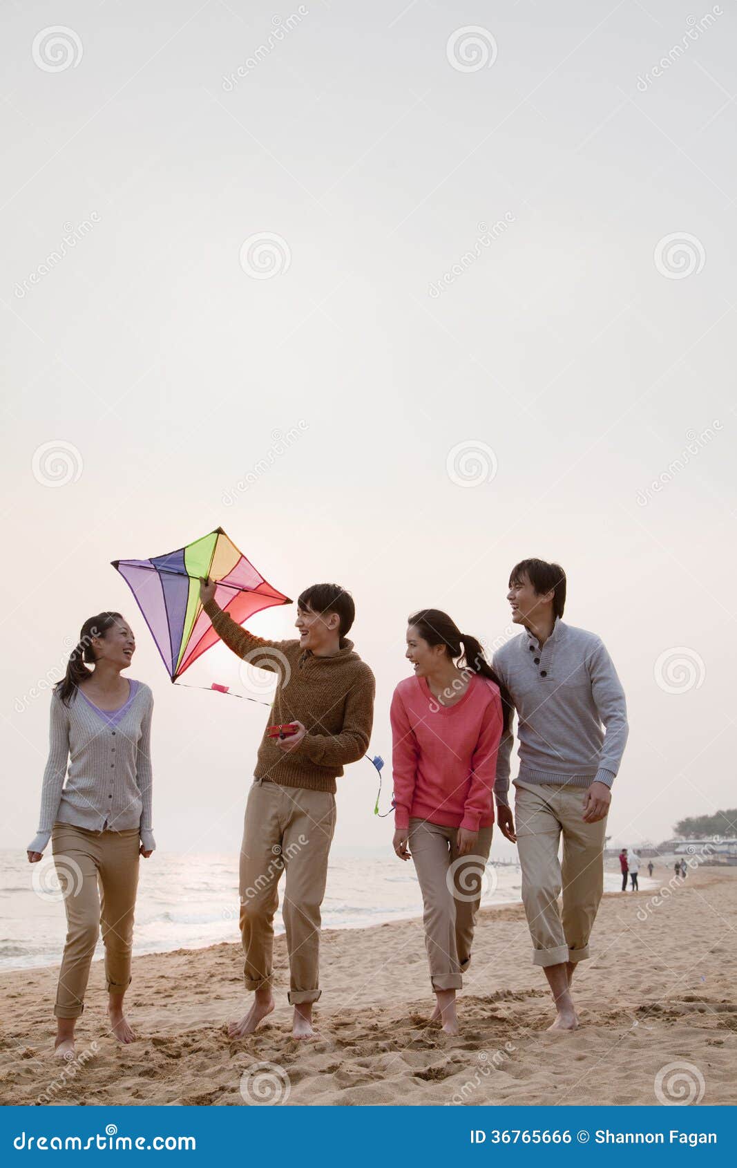 Young Friends Flying a Kite on the Beach Stock Photo - Image of ...