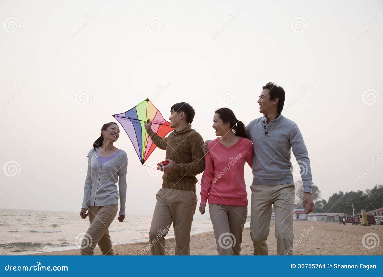 Young Friends Flying a Kite on the Beach Stock Photo - Image of four ...