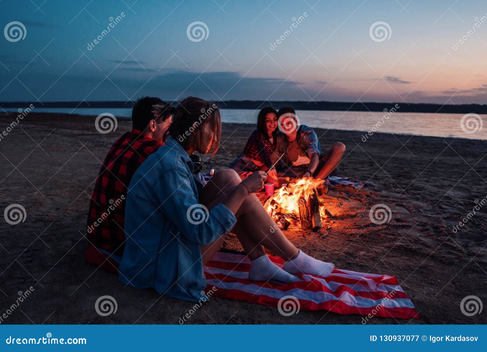 Young Friends Have Picnic with Bonfire on the Beach Stock Image - Image ...
