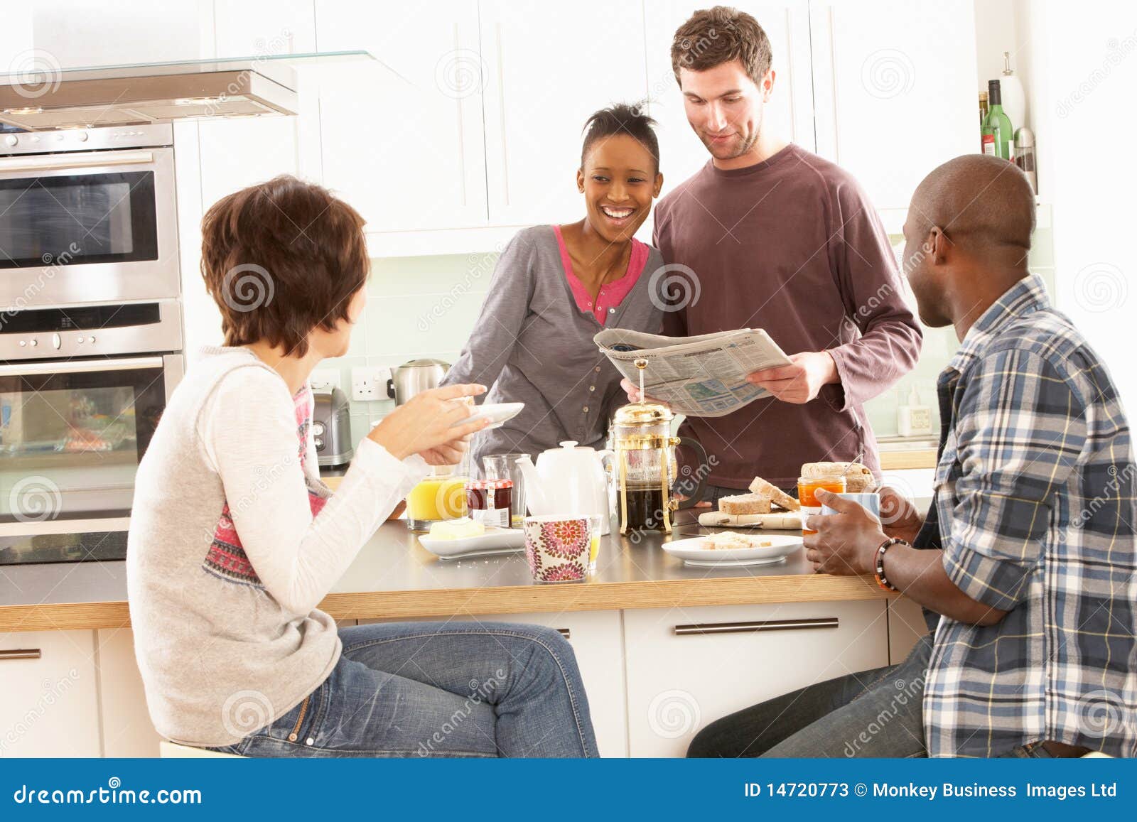 Young Friends Preparing Breakfast in Kitchen Stock Image - Image of ...