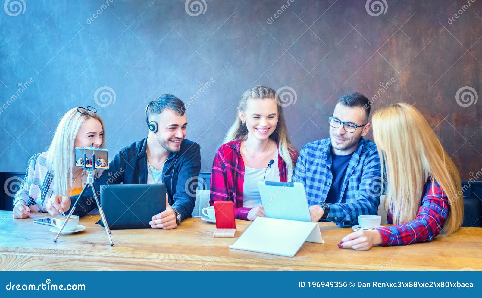 Young Friends Streaming Live on Social Media Sharing Creative Content ...