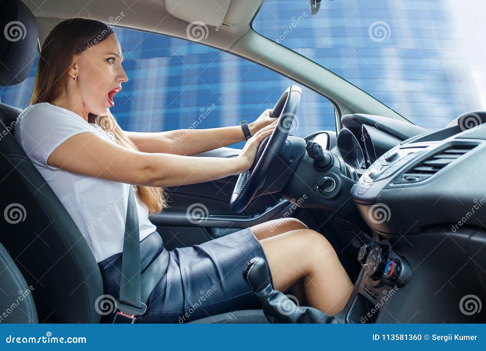 Young Frightened Driver Woman Squealing Brakes Stock Photo - Image of ...