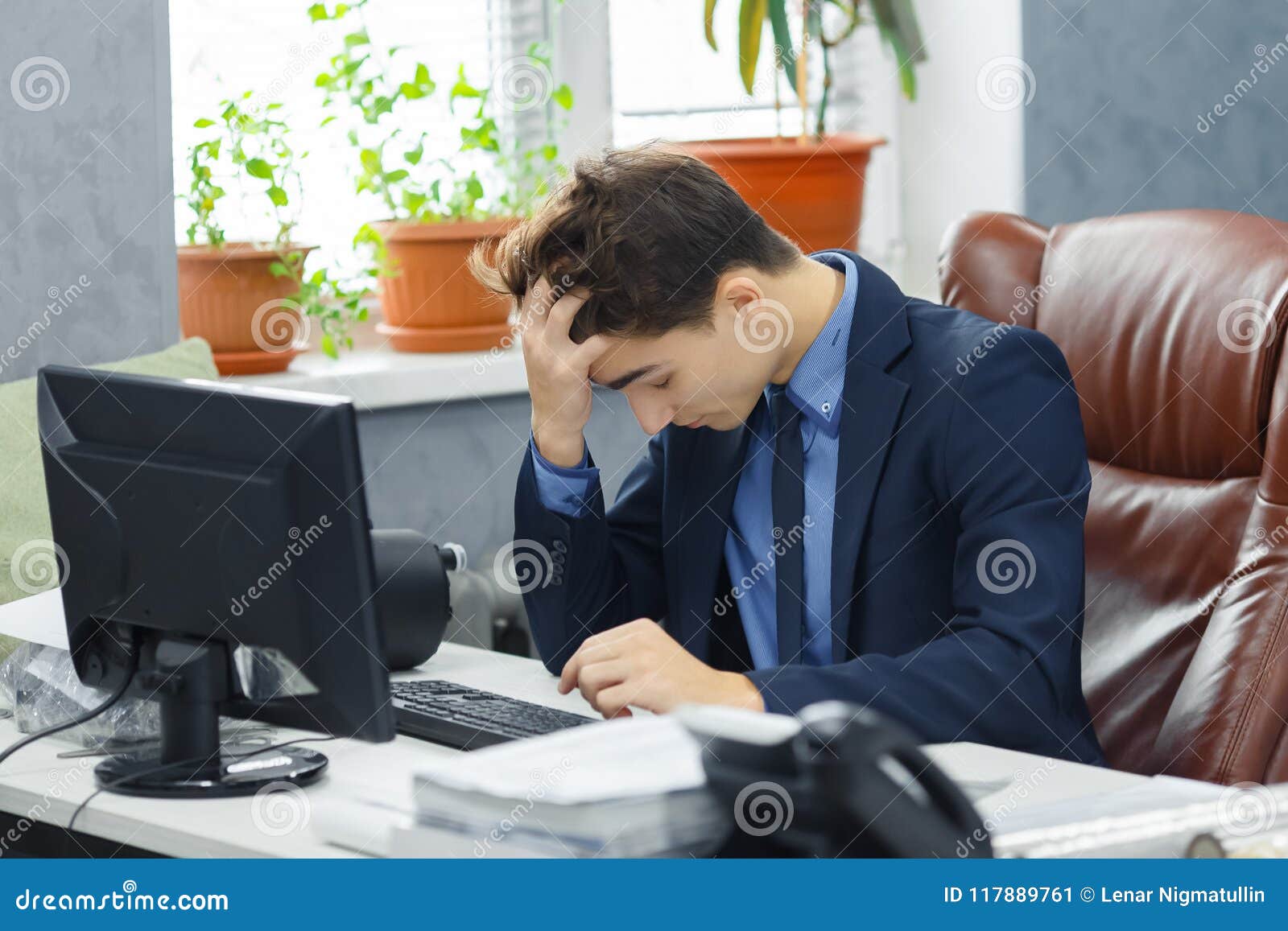 Young Frustrated with Problems Young Business Man Working on Computer ...