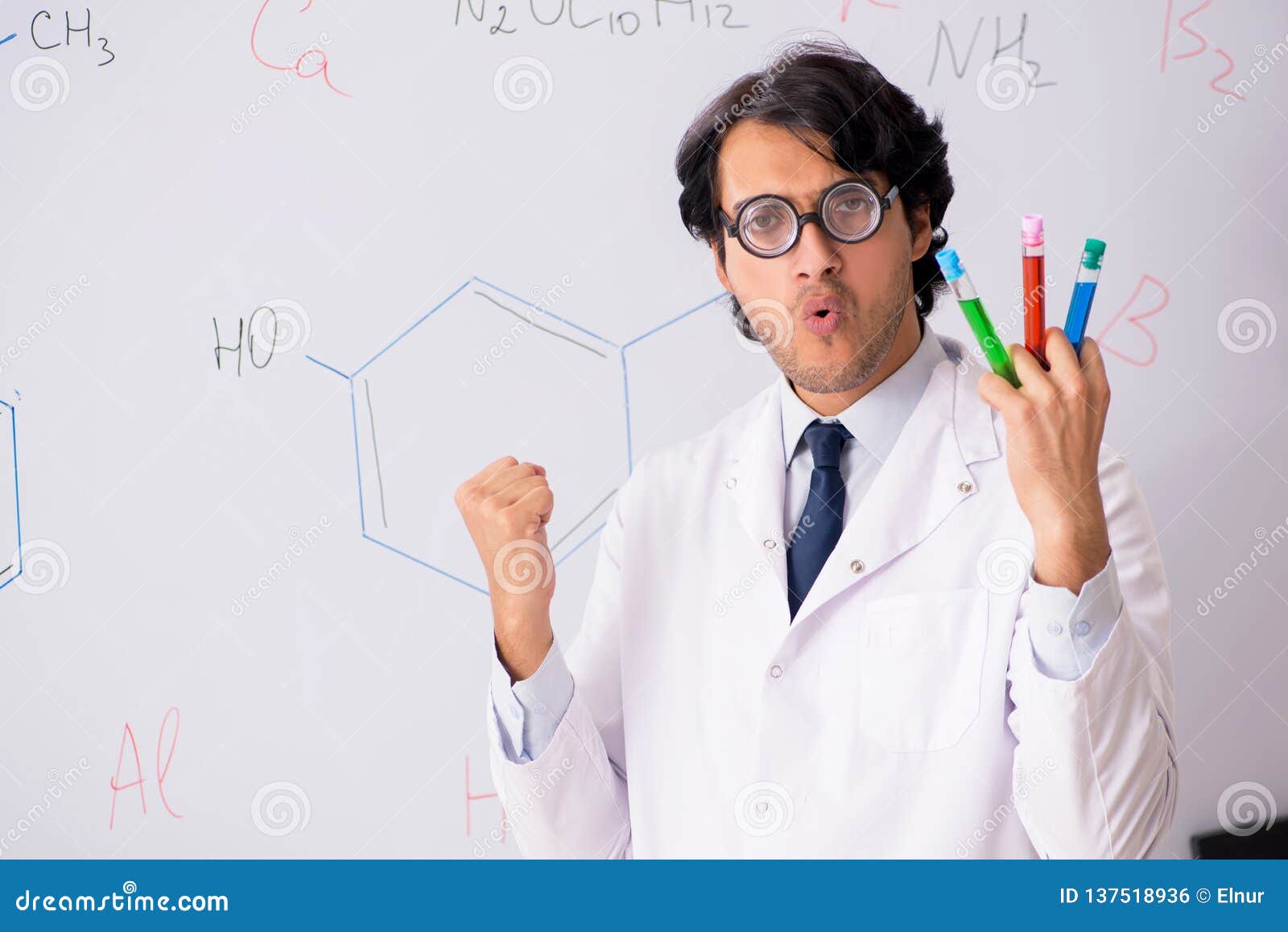 The Young Funny Chemist in Front of White Board Stock Photo - Image of ...