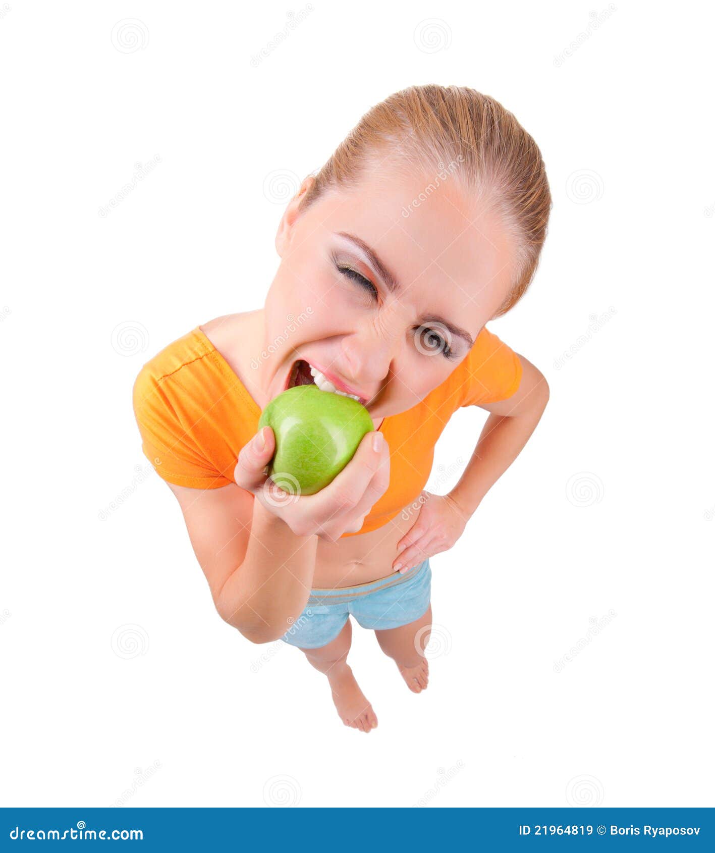 Young funny girl eat apple stock image. Image of activity - 21964819