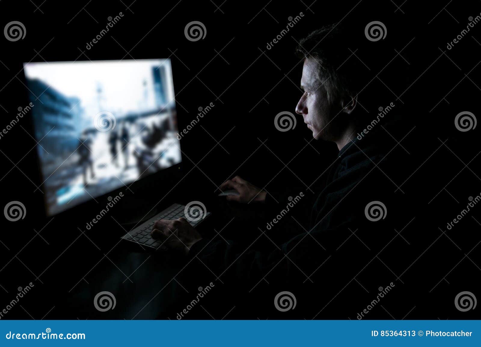 Young gamer in the dark stock image. Image of home, person - 85364313