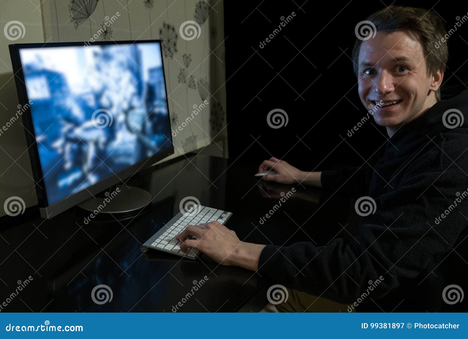 Young gamer in the dark stock image. Image of modern - 99381897