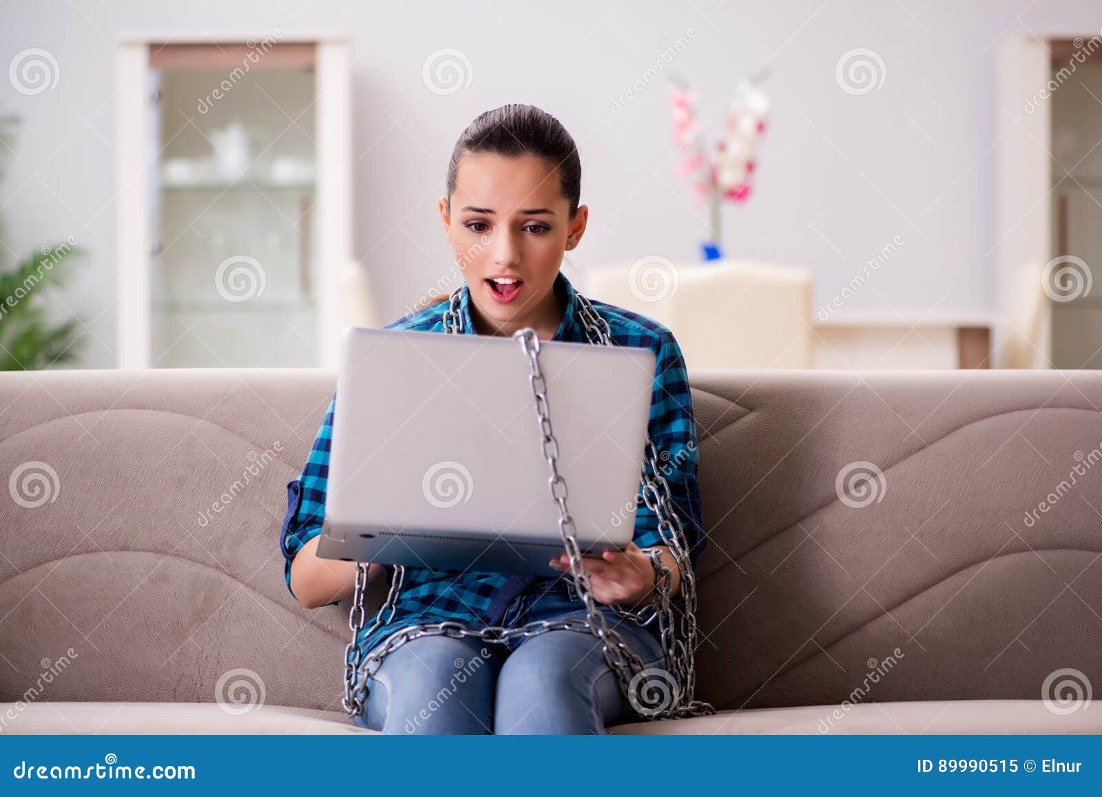 The Young Girl Addicted To Laptop Computer and Internet Stock Image ...