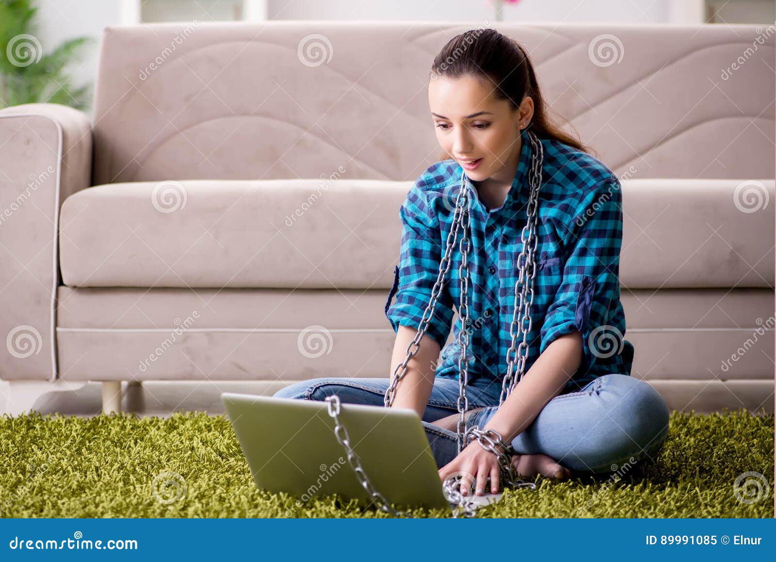 The Young Girl Addicted To Laptop Computer and Internet Stock Image ...