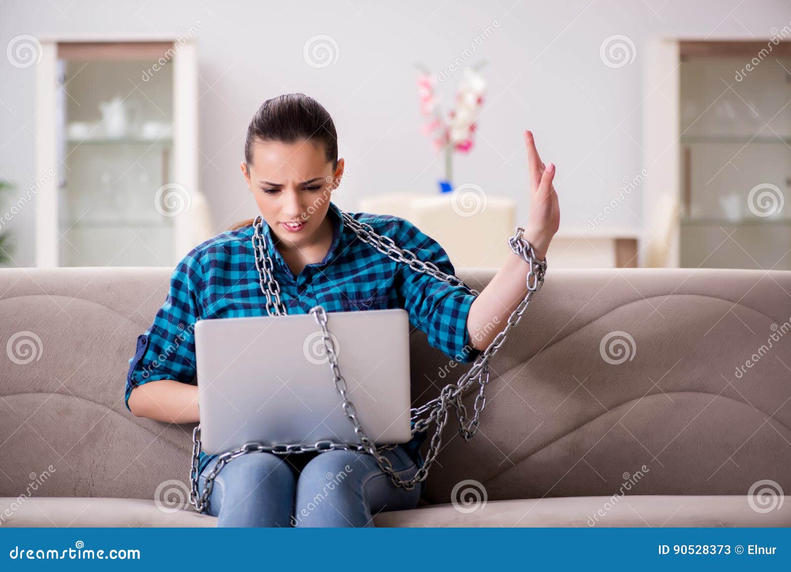 The Young Girl Addicted To Laptop Computer and Internet Stock Image ...
