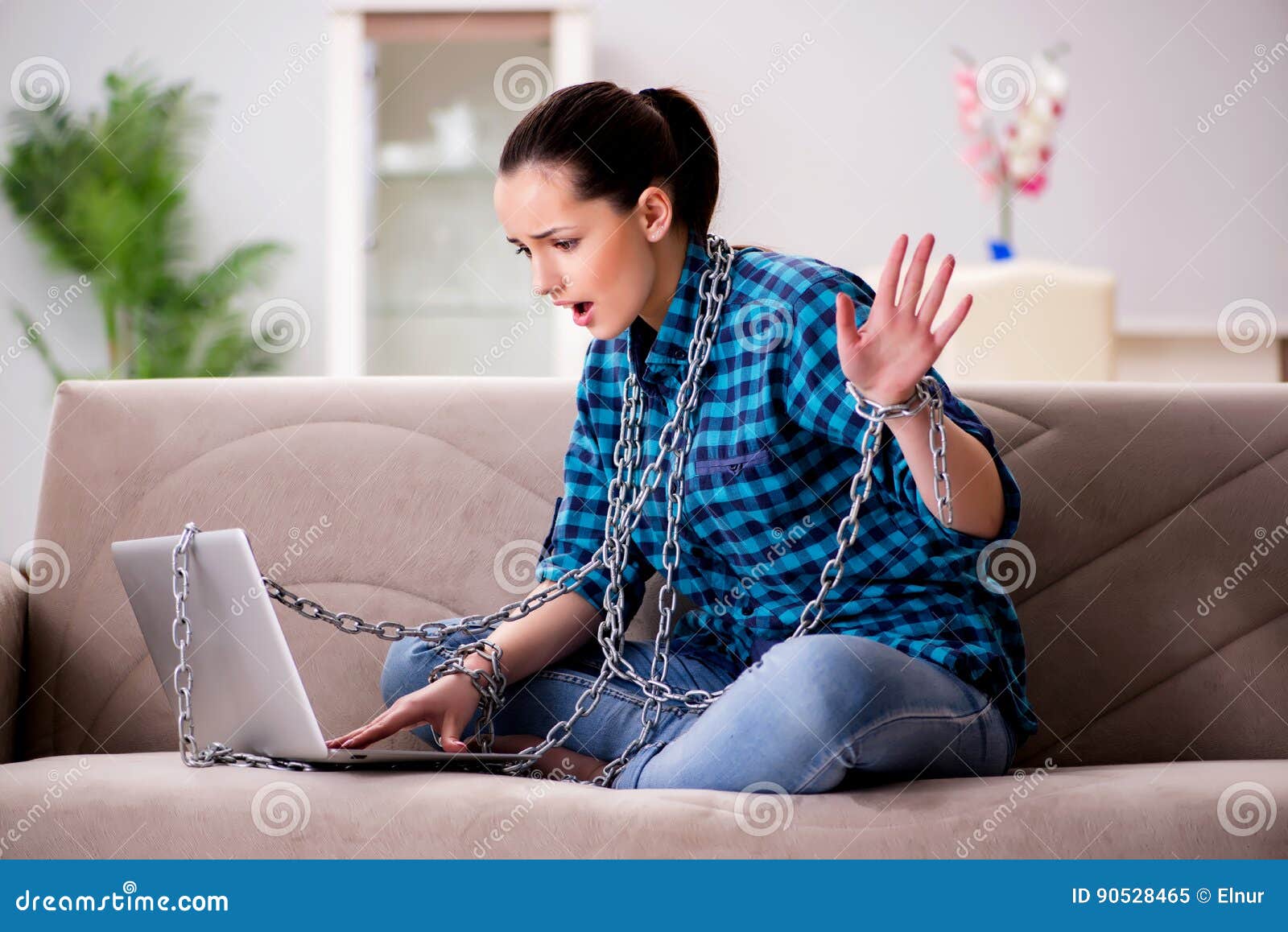 The Young Girl Addicted To Laptop Computer and Internet Stock Image ...