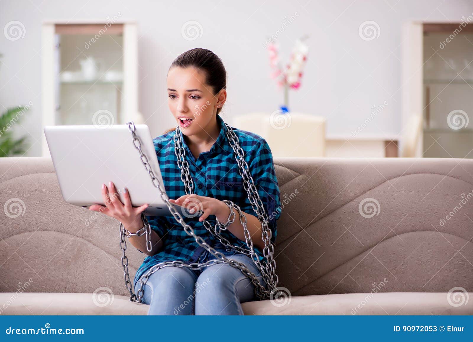 The Young Girl Addicted To Laptop Computer and Internet Stock Image ...