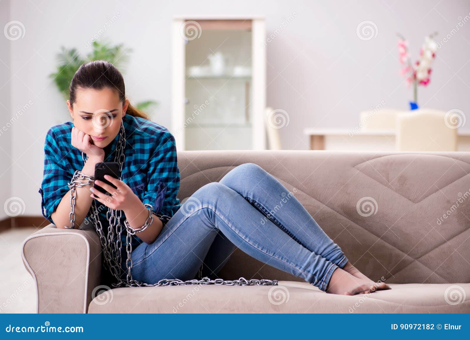 The Young Girl Addicted To Mobile Phone Stock Photo - Image of laptop ...