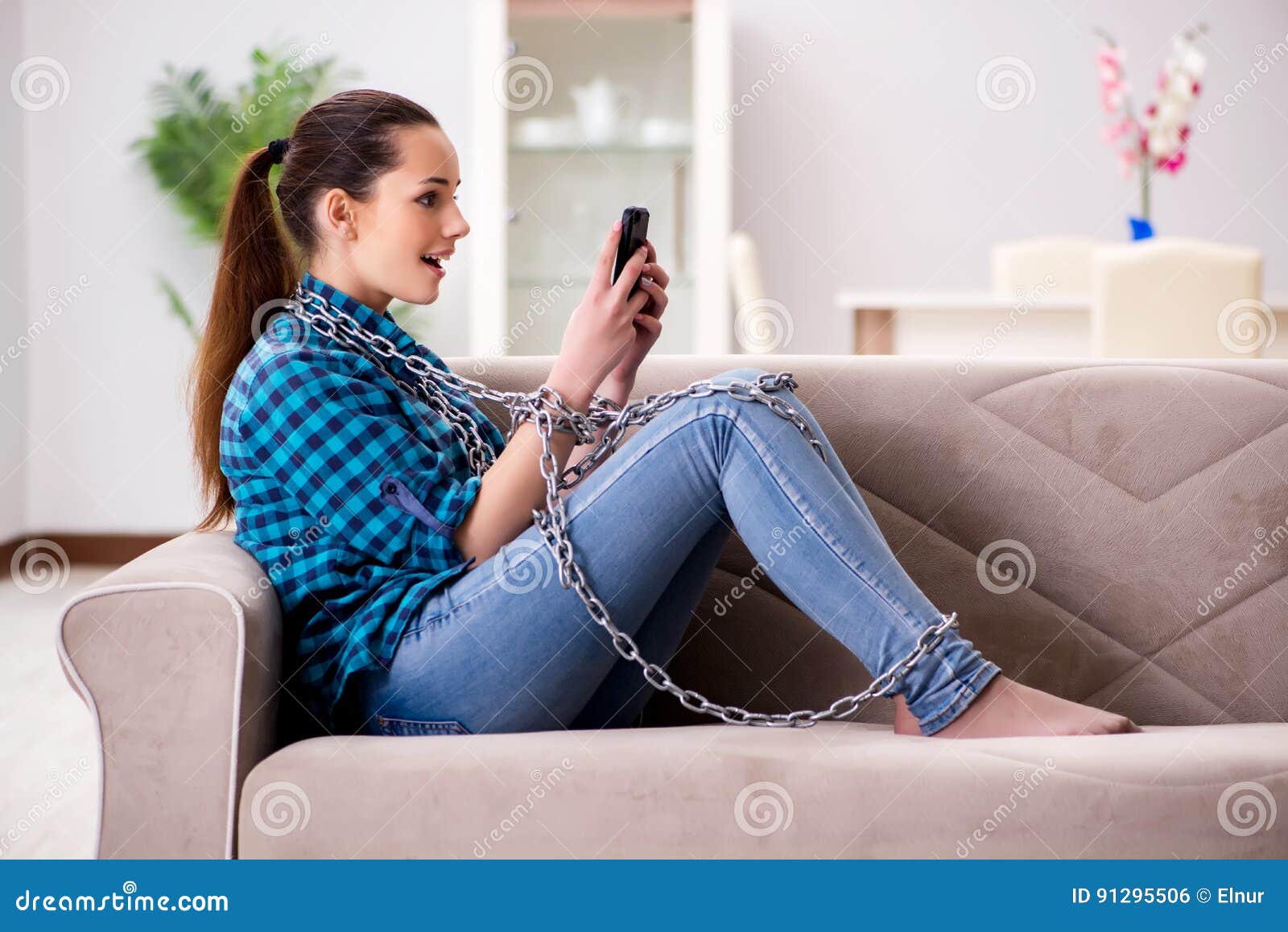 The Young Girl Addicted To Mobile Phone Stock Photo - Image of mobile ...