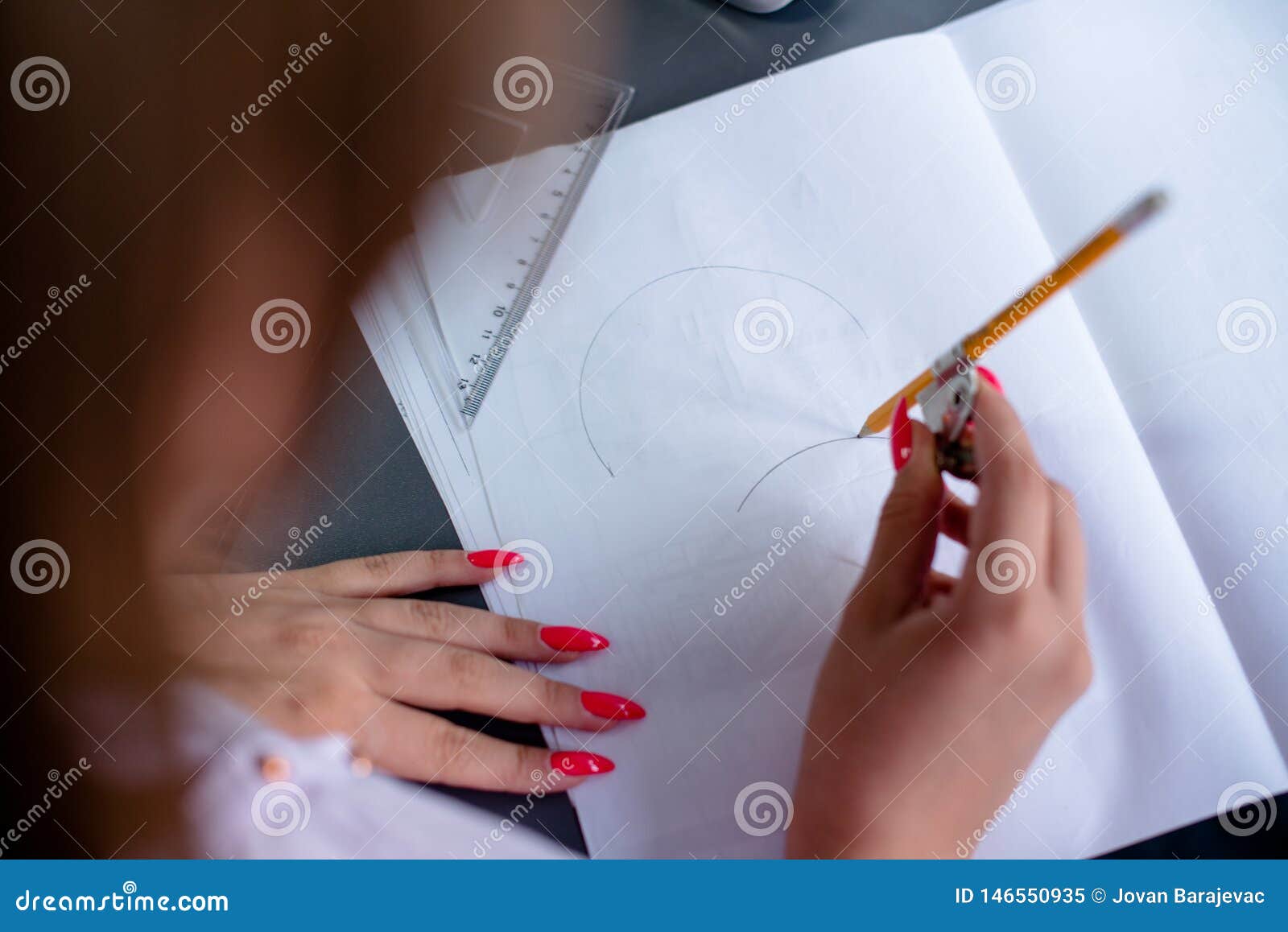 Young Girl Architect Drawing on Paper Stock Image - Image of business ...