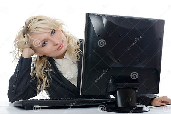 The Young Girl Behind the Computer Stock Image - Image of human ...