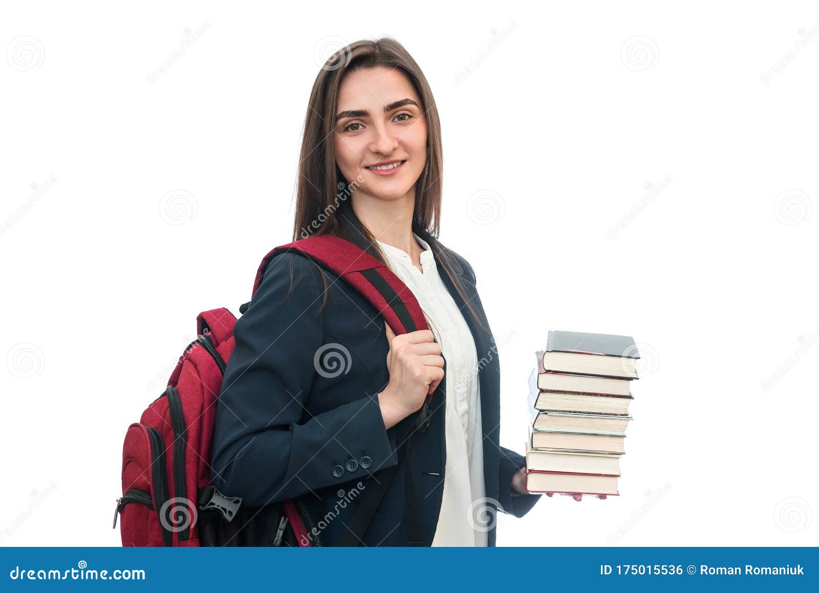 Young Girl with Books and Bag Isolated on White Stock Photo - Image of ...