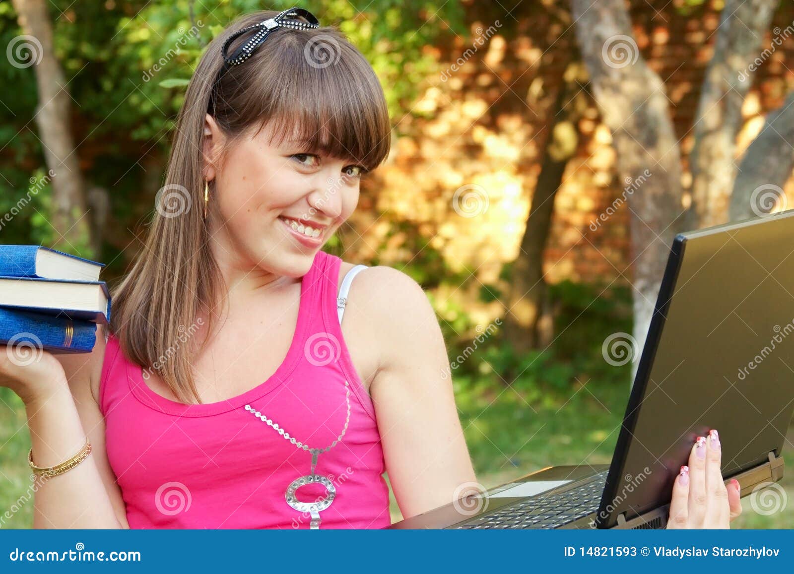 Young Girl with Books and Laptop Stock Image - Image of green, notebook ...