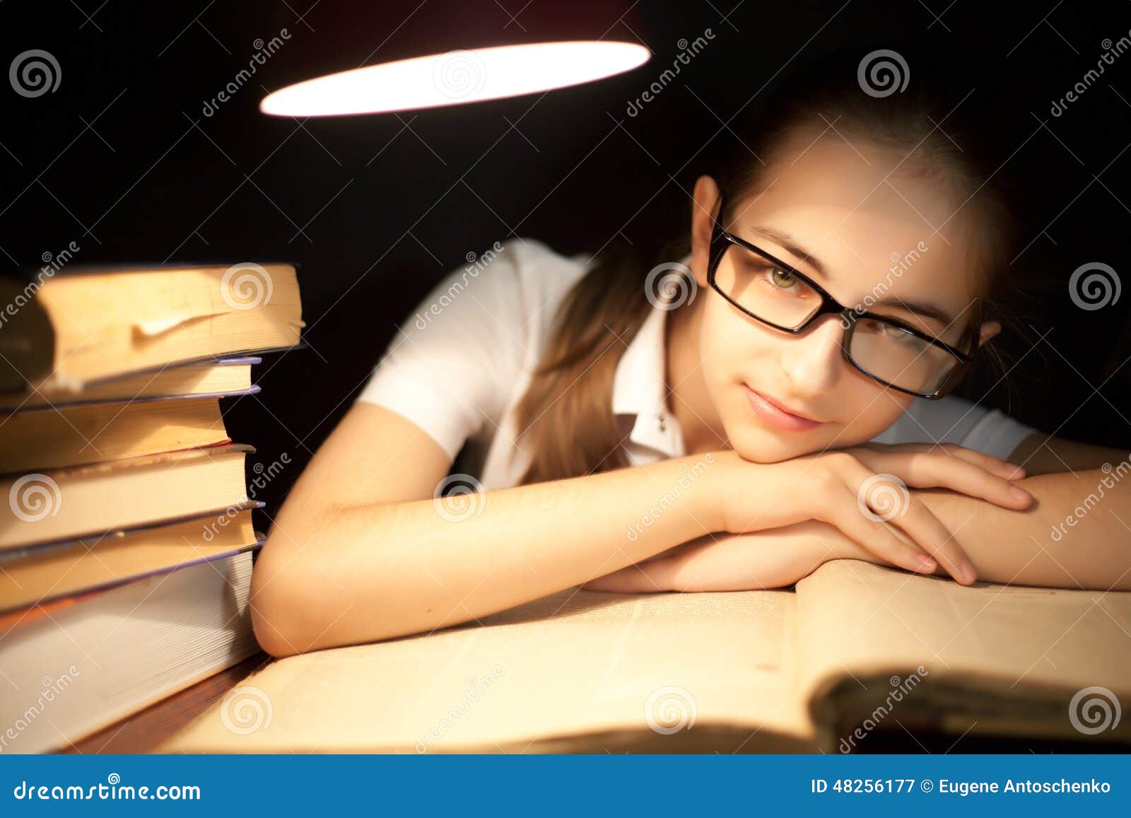 Young Girl Bored at Reading Stock Image - Image of lamp, table: 48256177