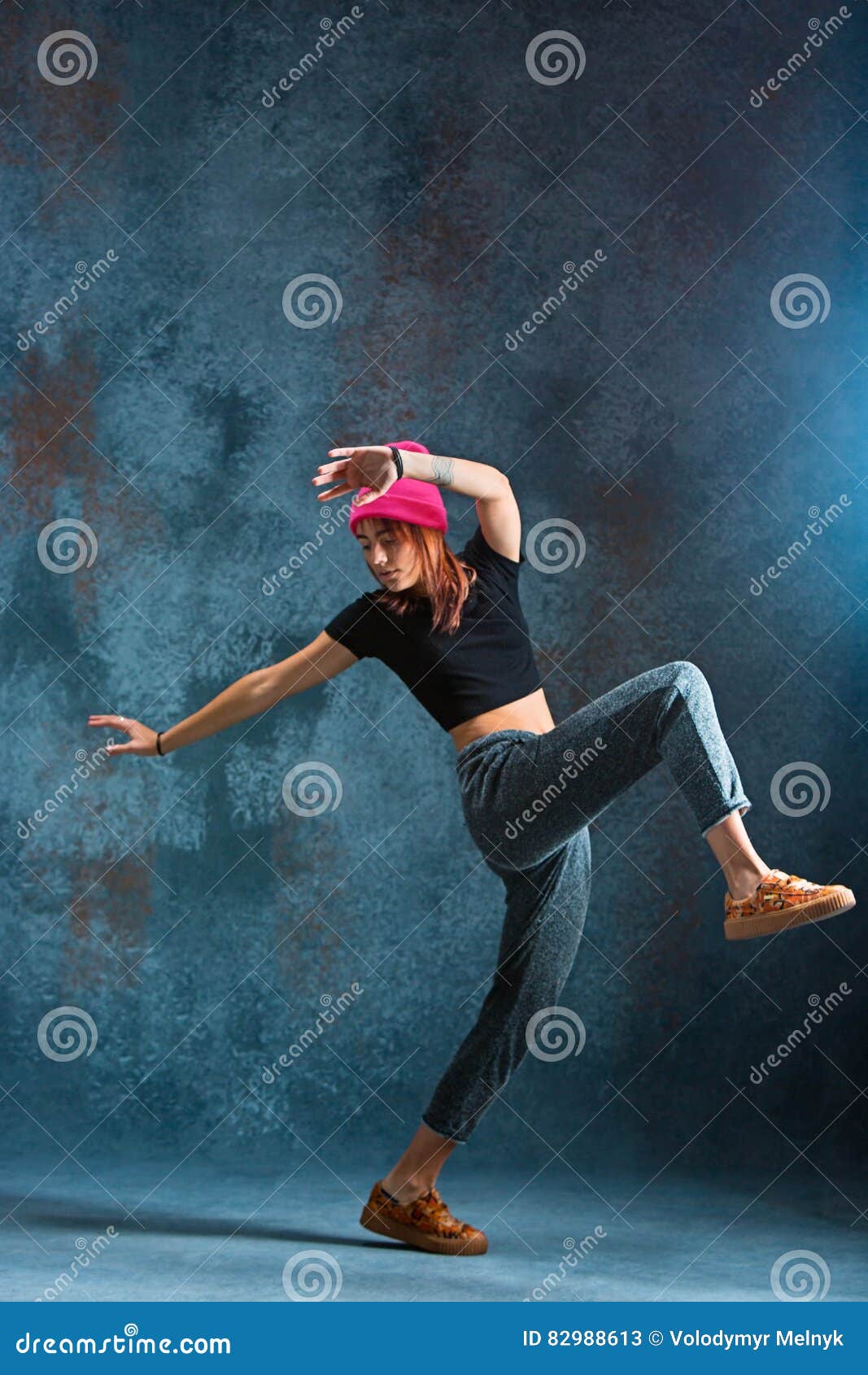 Young Girl Break Dancing on Wall Background. Stock Image - Image of ...