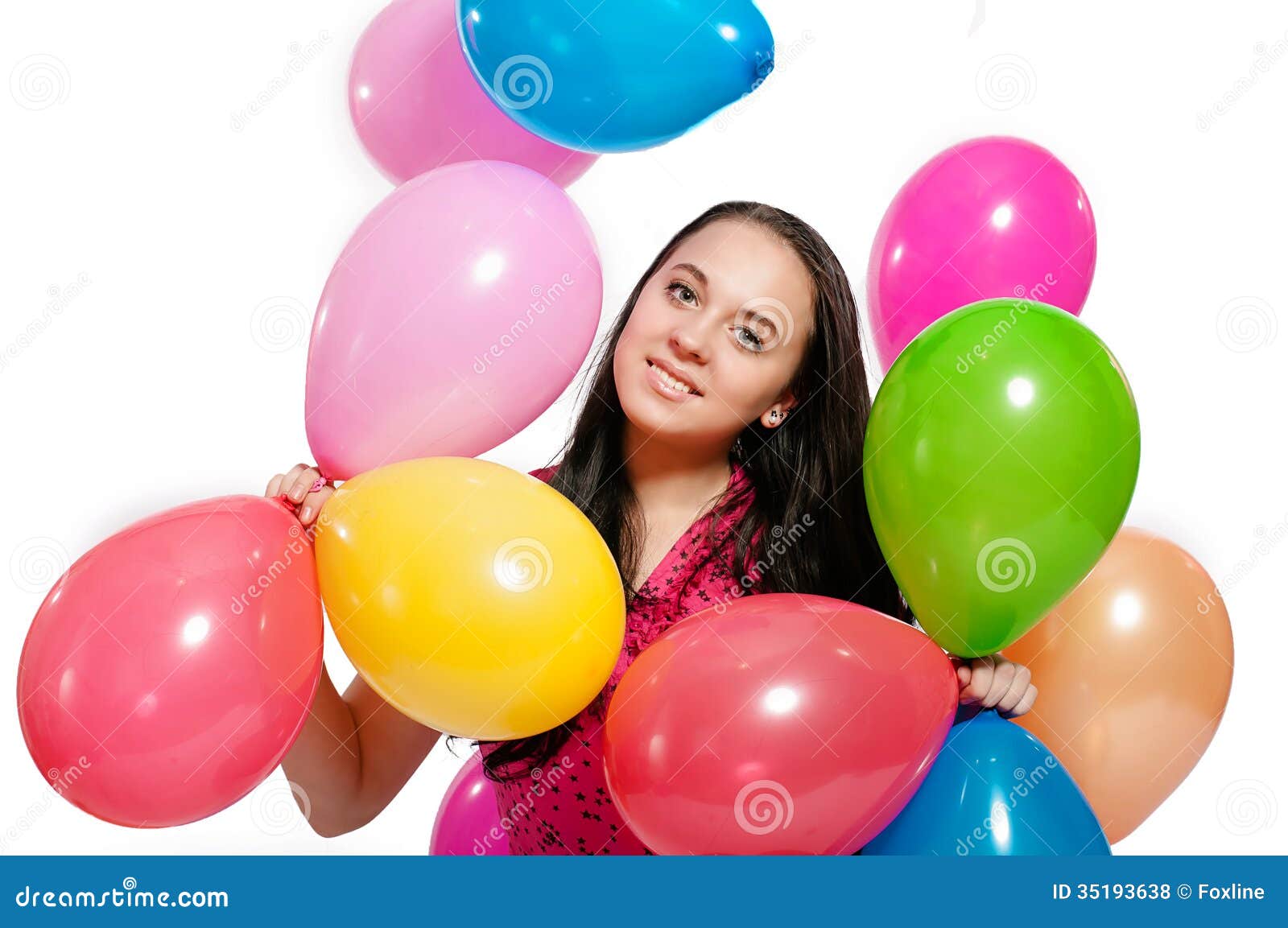 Young Girl with Bright Colored Balloons on a White Stock Photo - Image ...