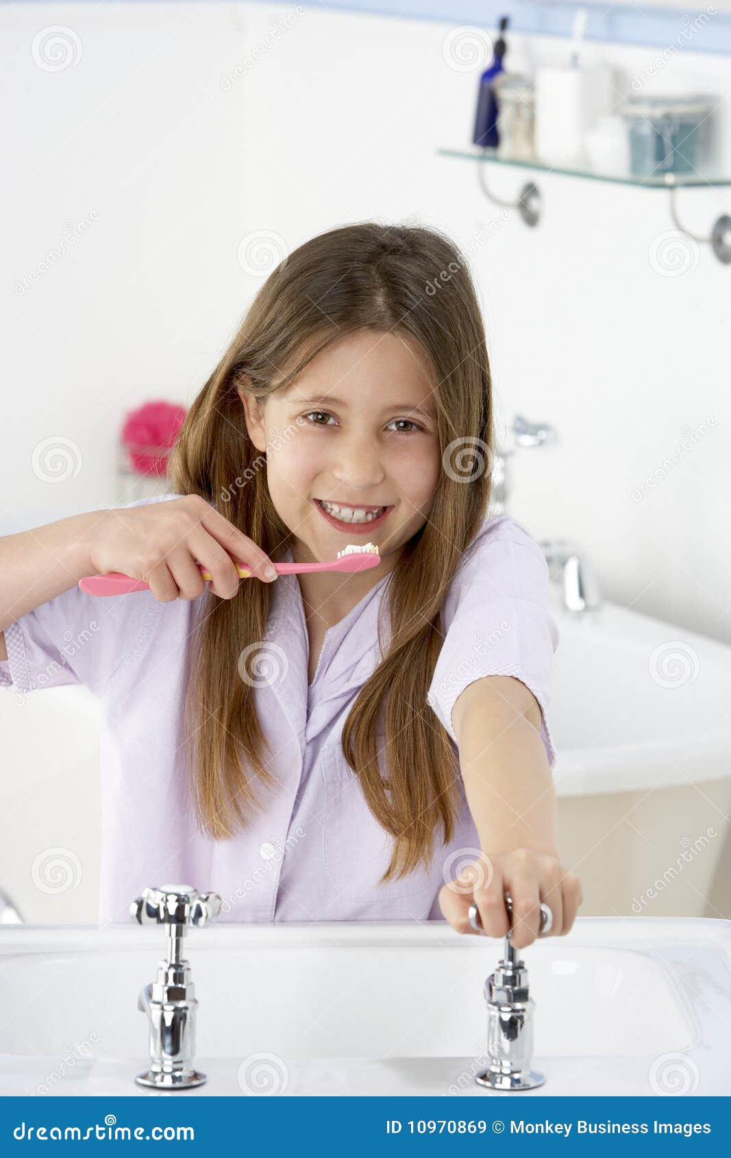 Young Girl Brushing Teeth at Sink Stock Image - Image of morning ...