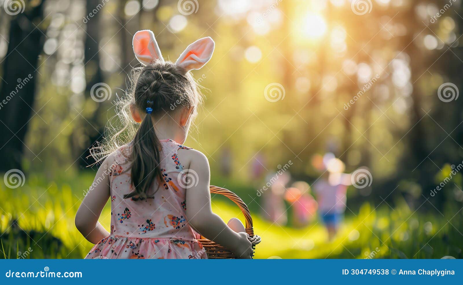 Young Girl With Bunny Ears Holding Easter Egg Basket Outdoors Stock