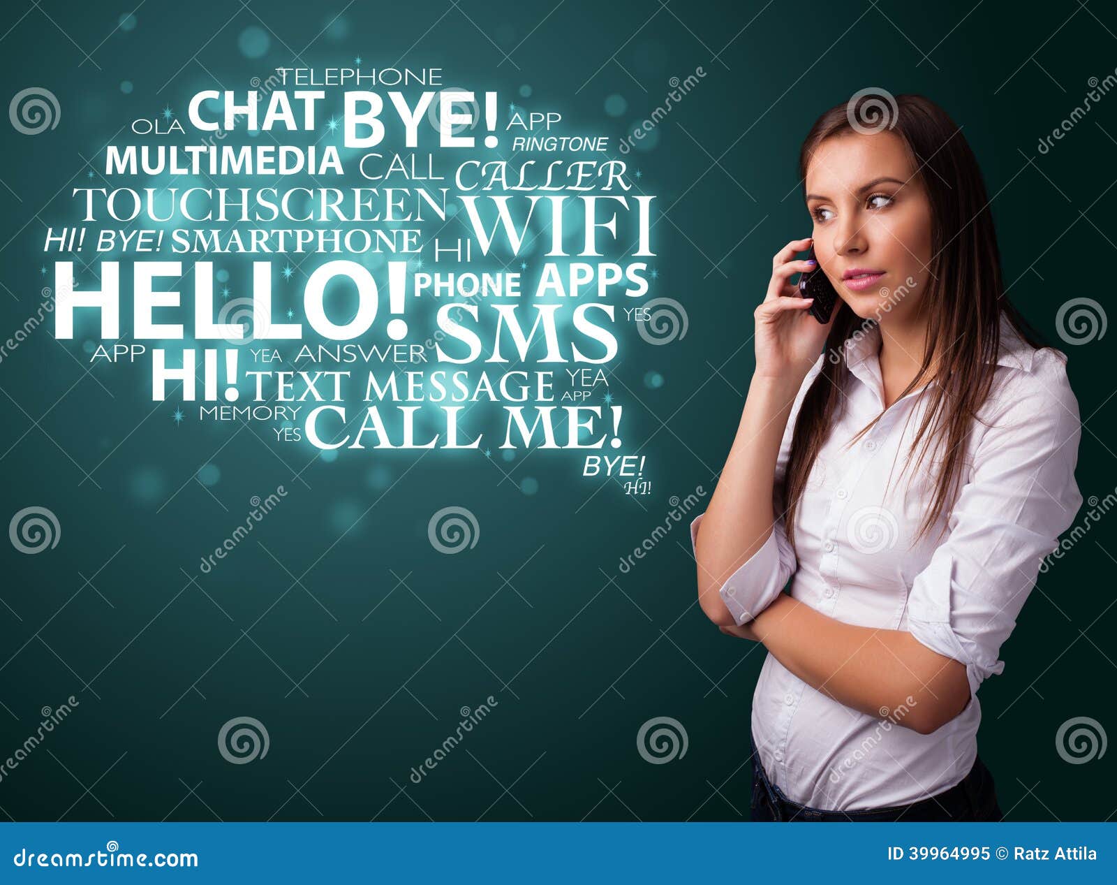 Young Girl Calling by Phone with Word Cloud Stock Image - Image of ...