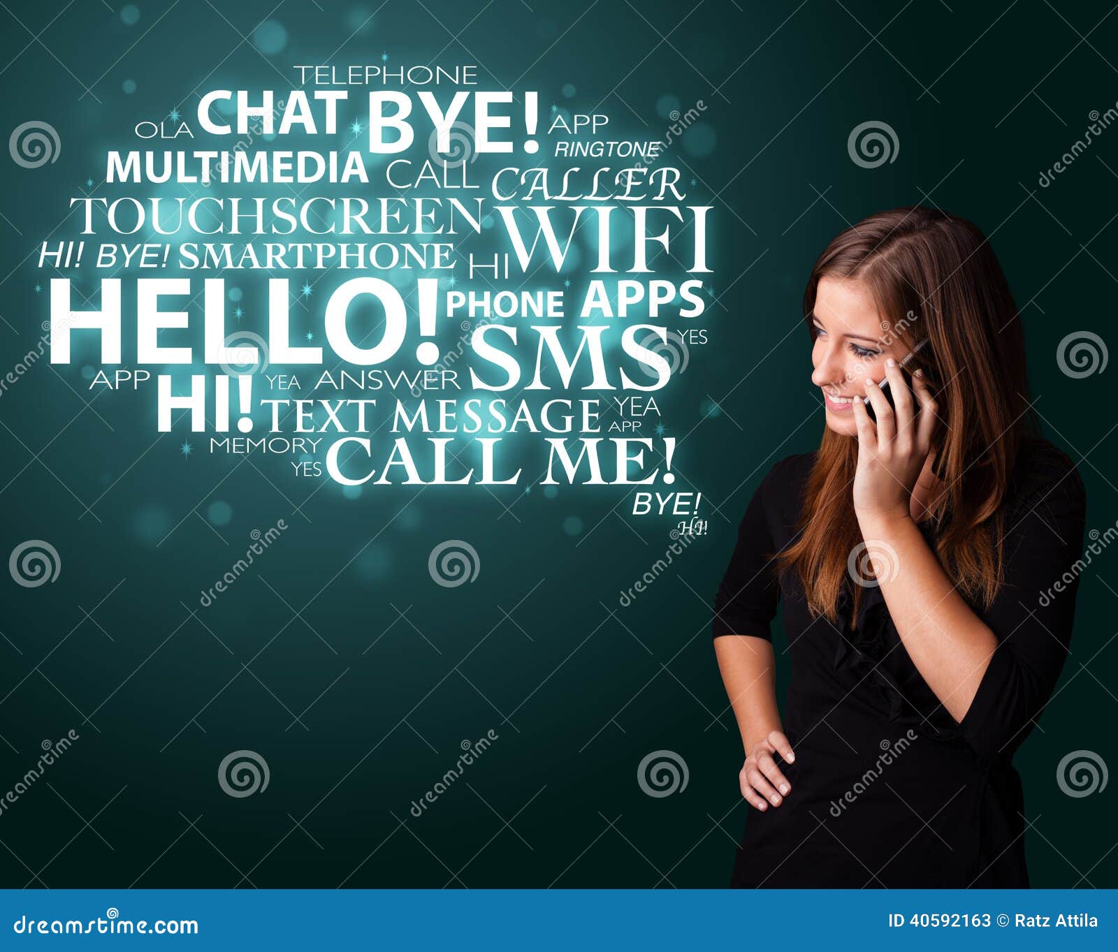 Young Girl Calling by Phone with Word Cloud Stock Image - Image of ...