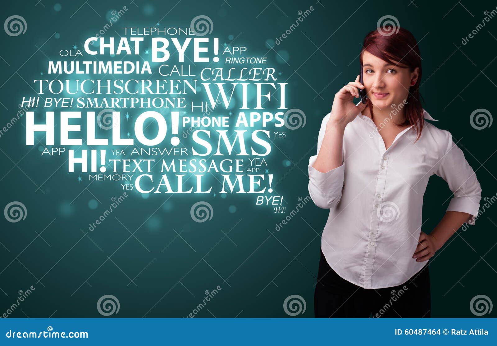 Young Girl Calling by Phone with Word Cloud Stock Photo - Image of hold ...