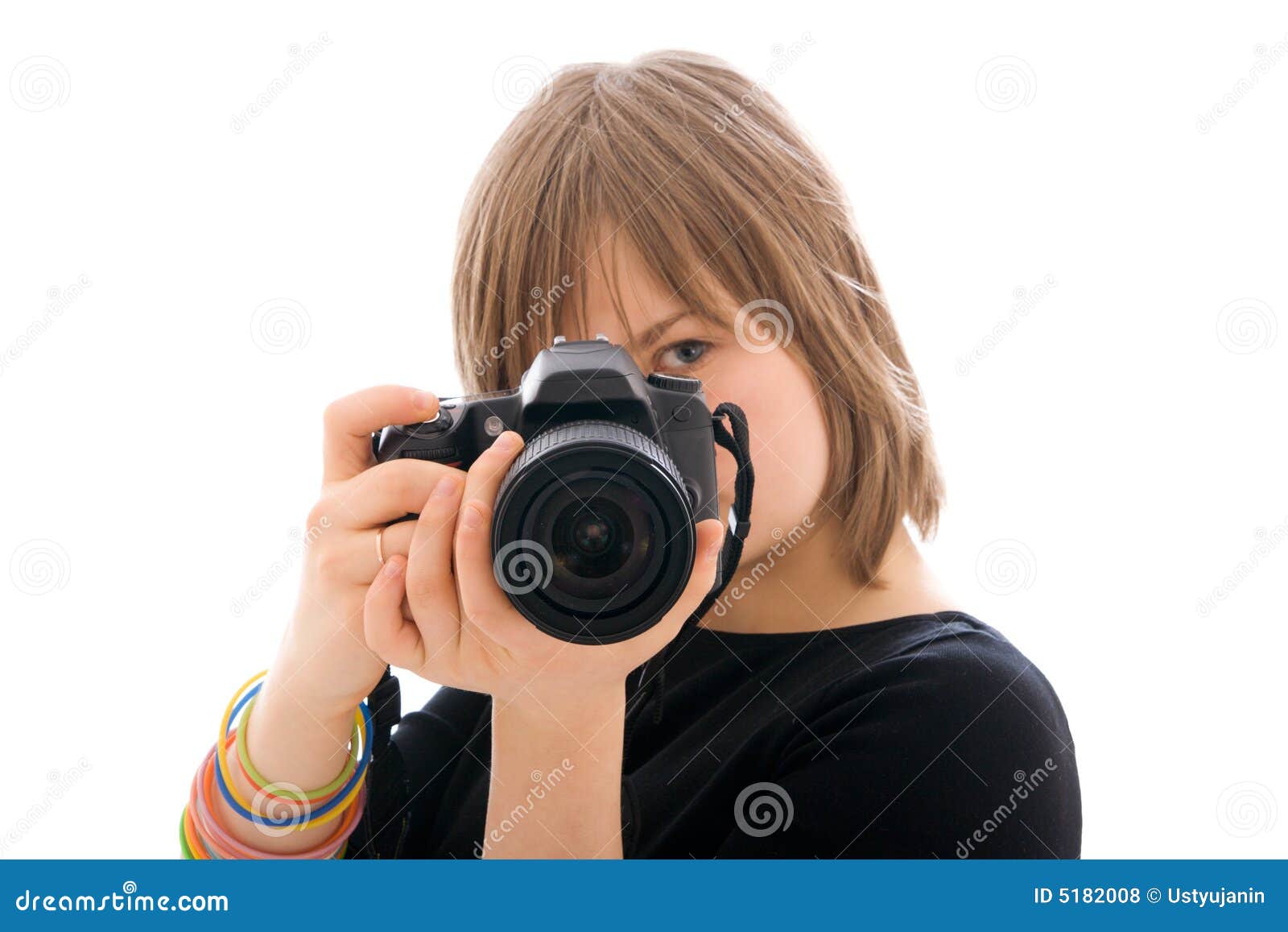 The Young Girl with the Camera Isolated Stock Photo - Image of adults ...