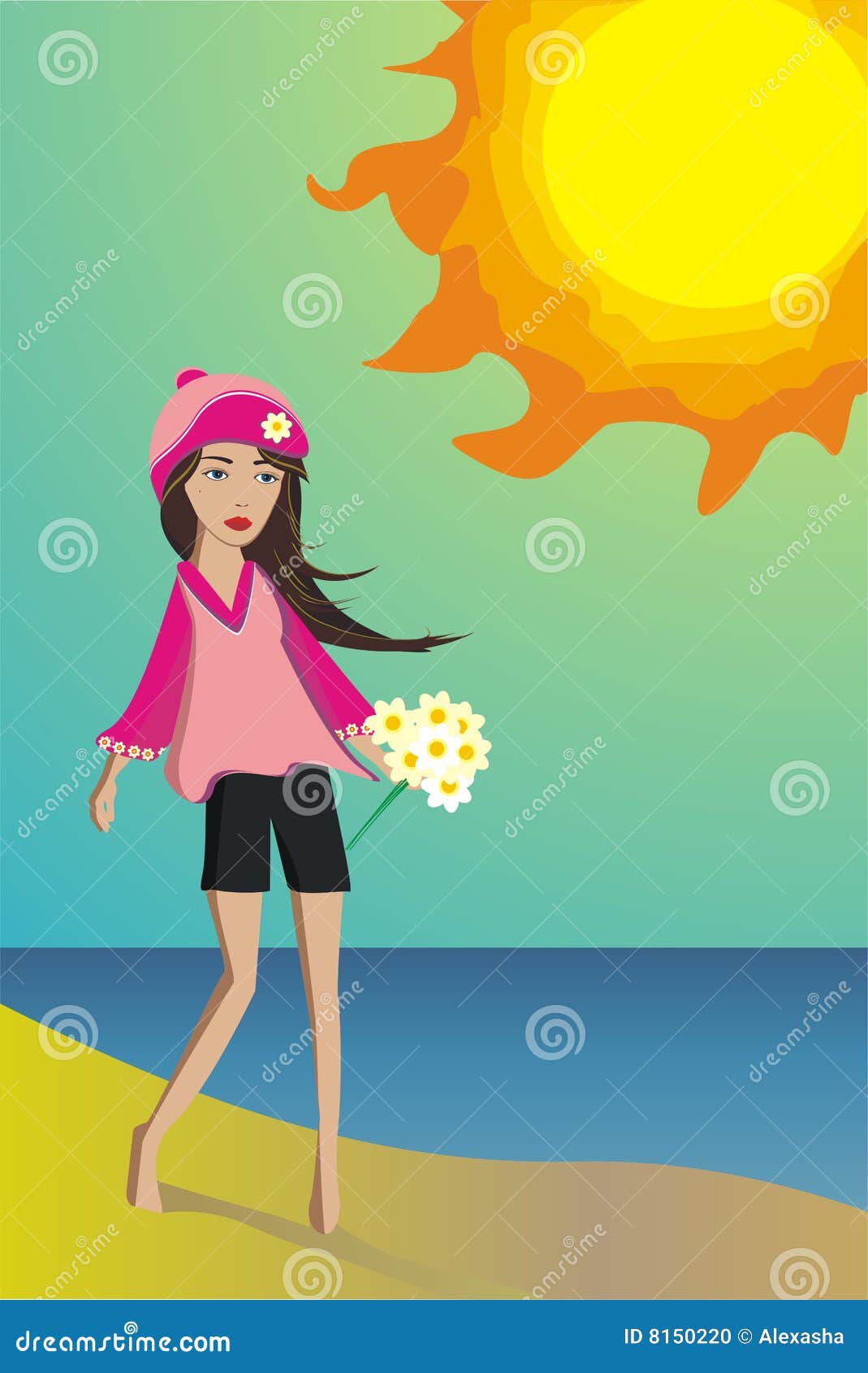 Young Girl with the Camomiles Under Hot Spring Sun Stock Vector ...