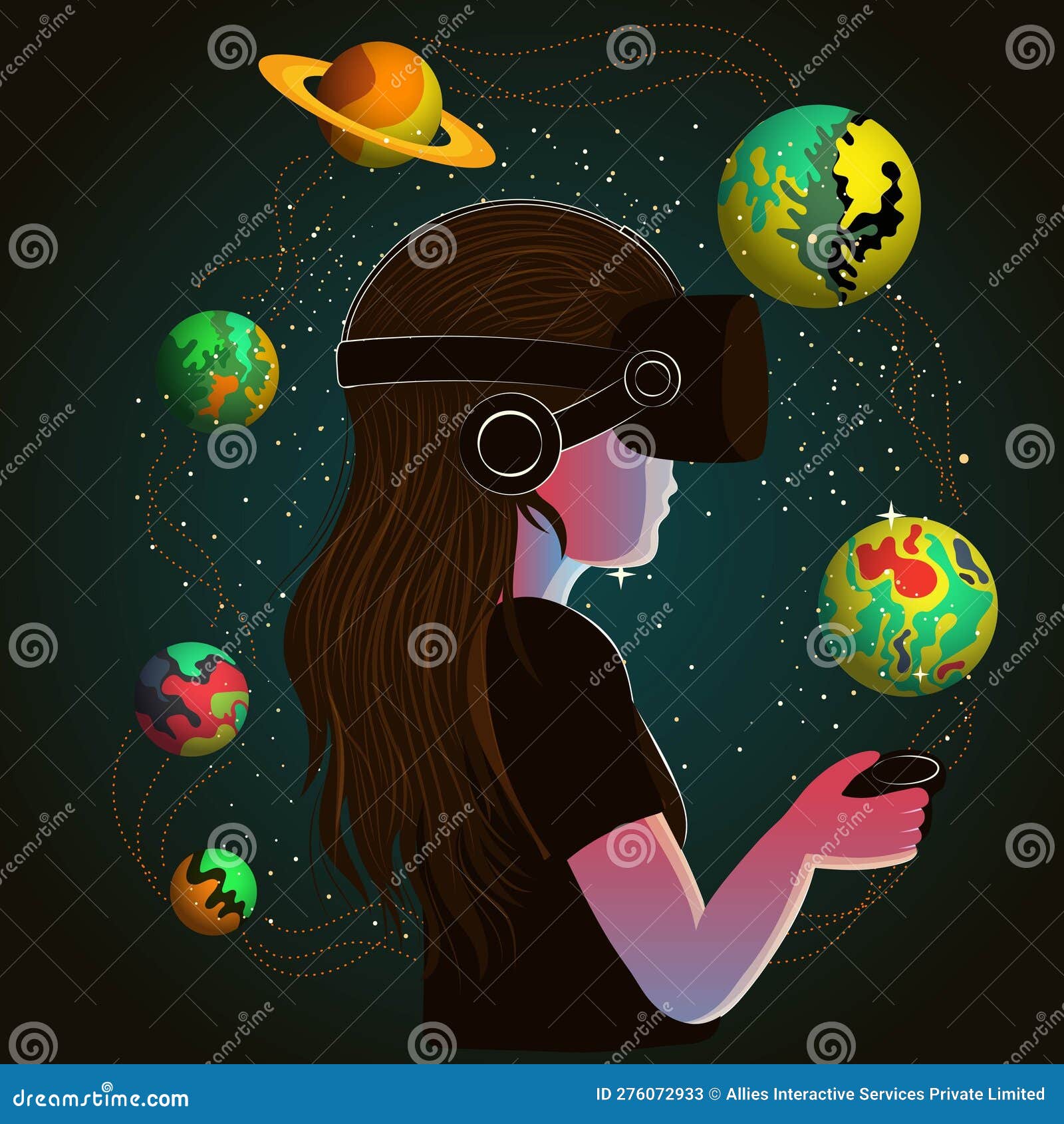 Young Girl Character Wearing VR Headset and Using Controller Interacts ...