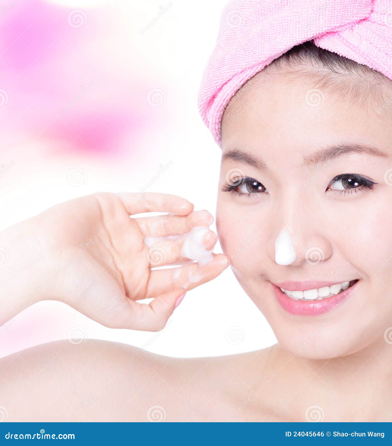 Young Girl Clean Face with Foam on Hand Stock Photo - Image of closeup ...