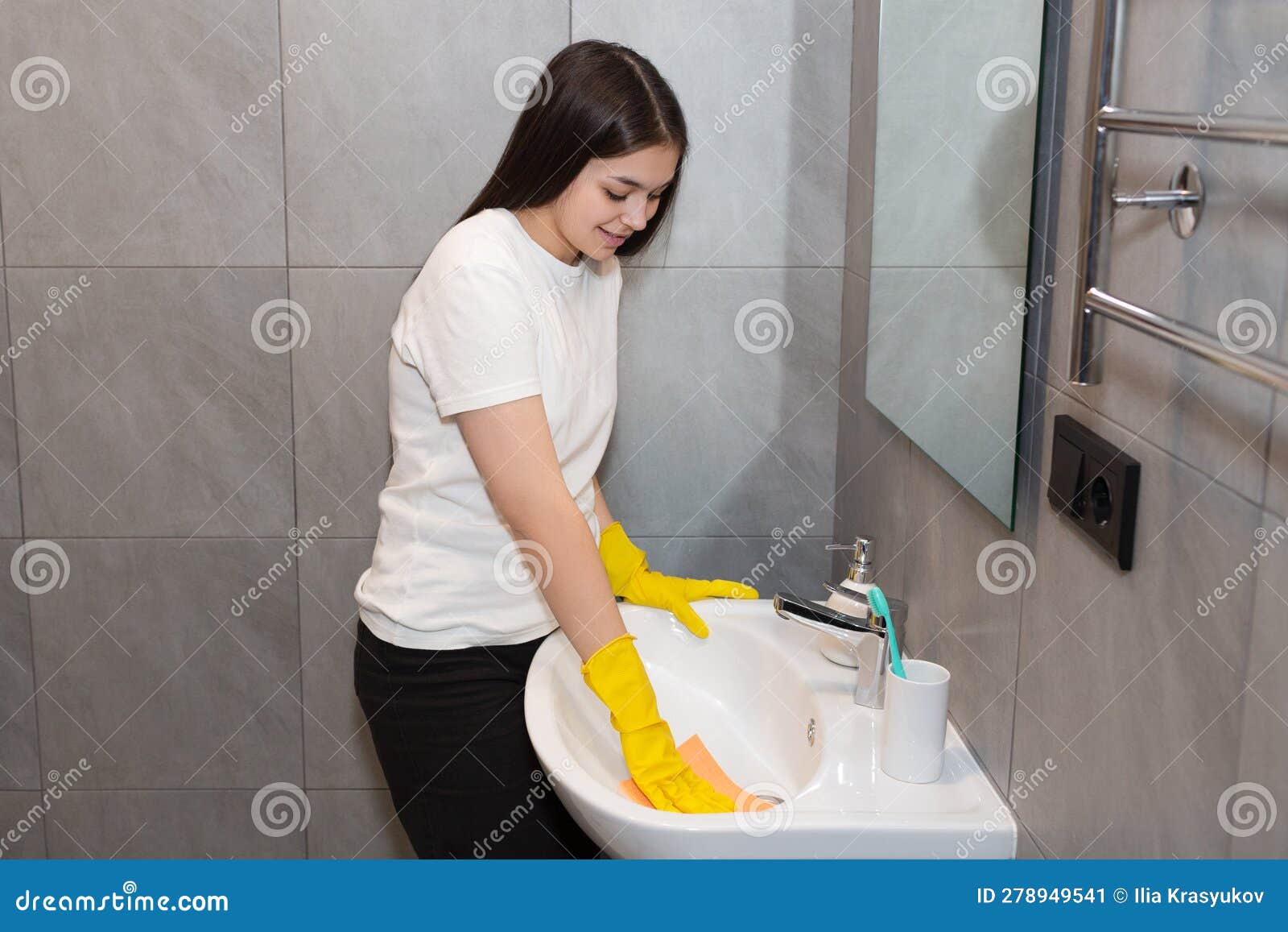 Young Girl Cleans The Bathroom With Rubber Gloves Home Cleaning Routine