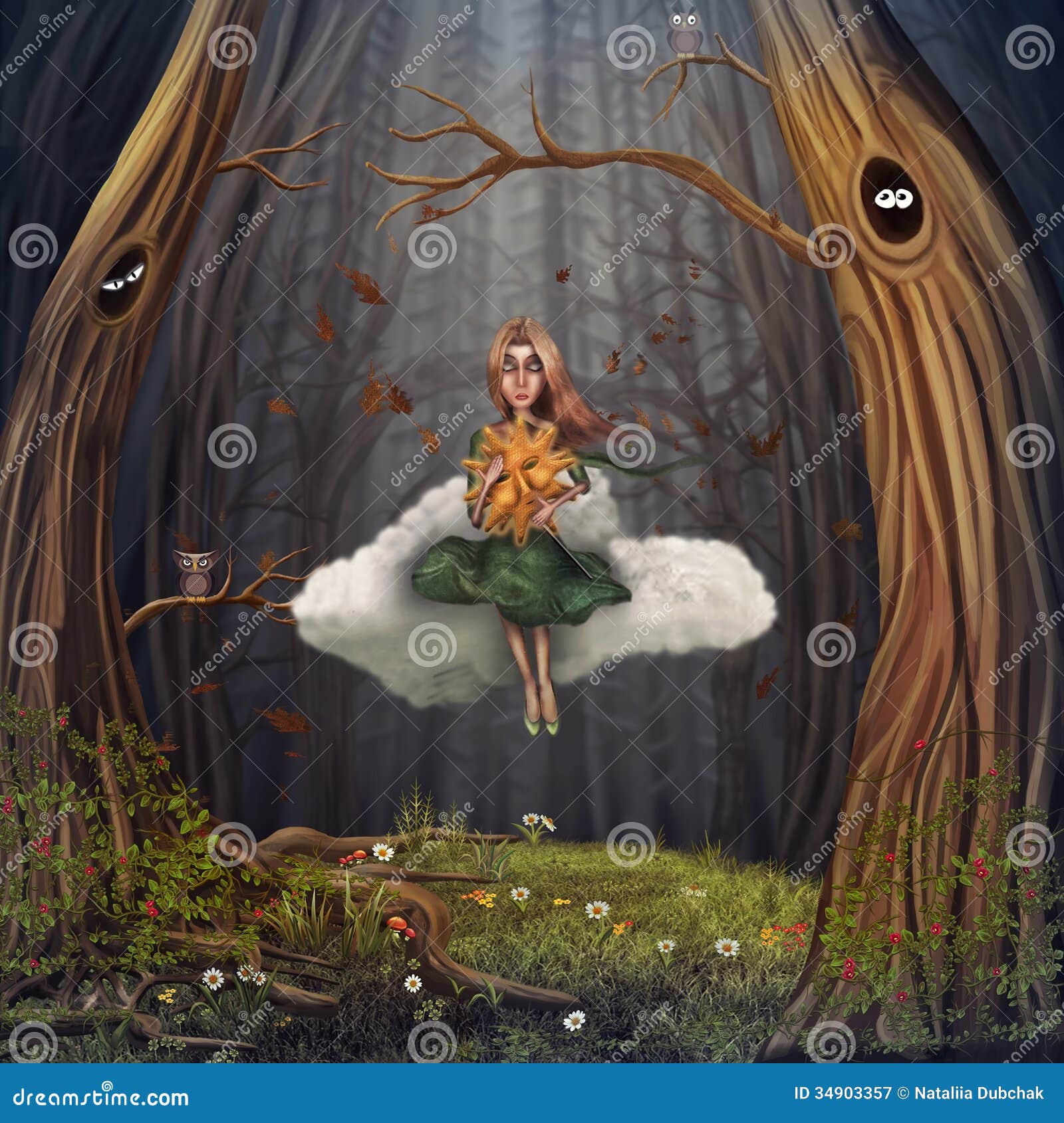 Young girl on cloud stock illustration. Illustration of drawing - 34903357