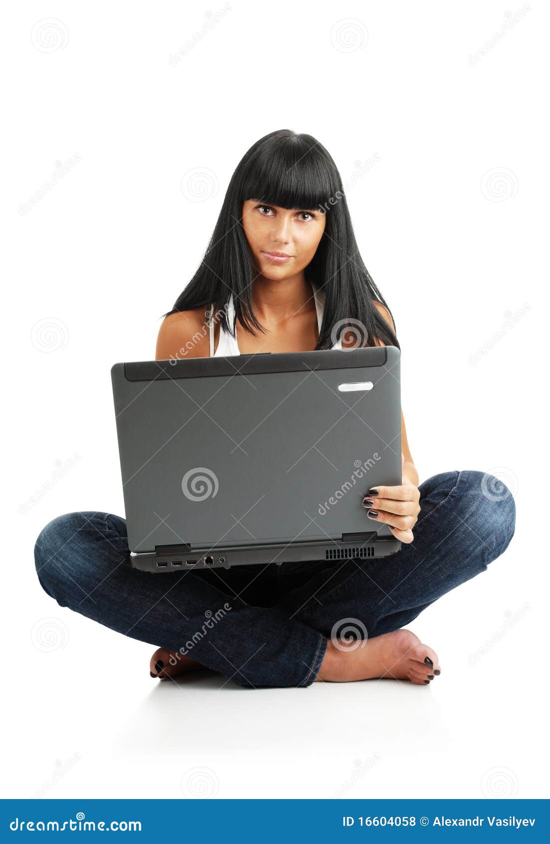 The Young Girl with a Computer Stock Photo - Image of woman, cross ...