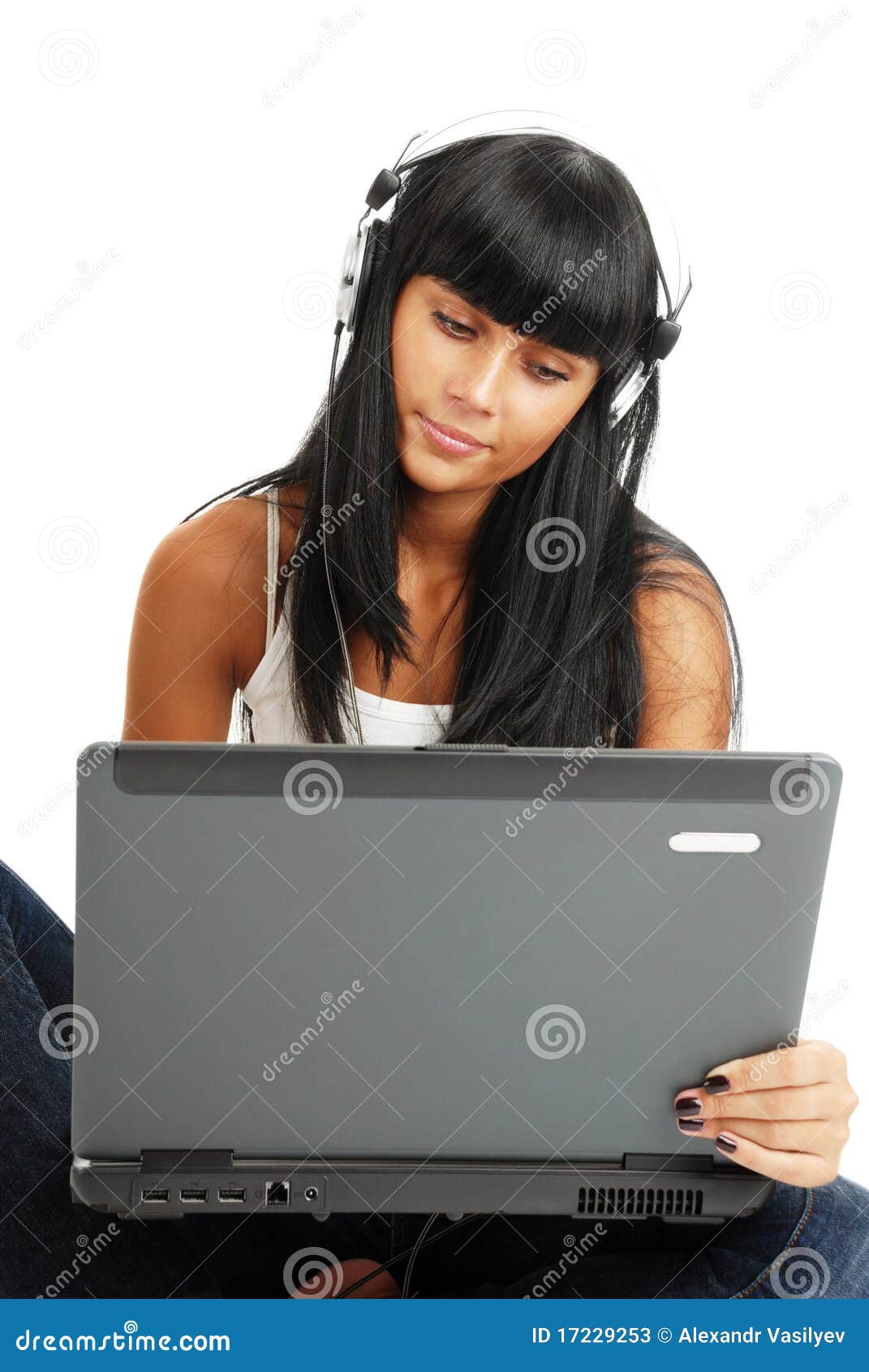The Young Girl with a Computer Stock Image - Image of brunette ...