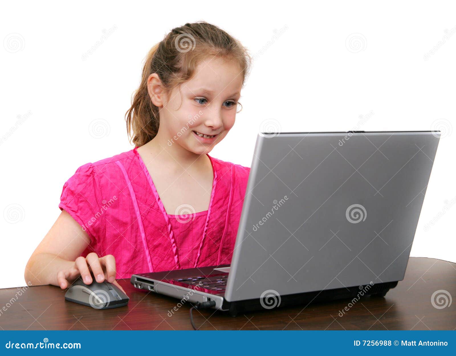 Young Girl at Computer Over White Stock Photo - Image of schoolwork ...