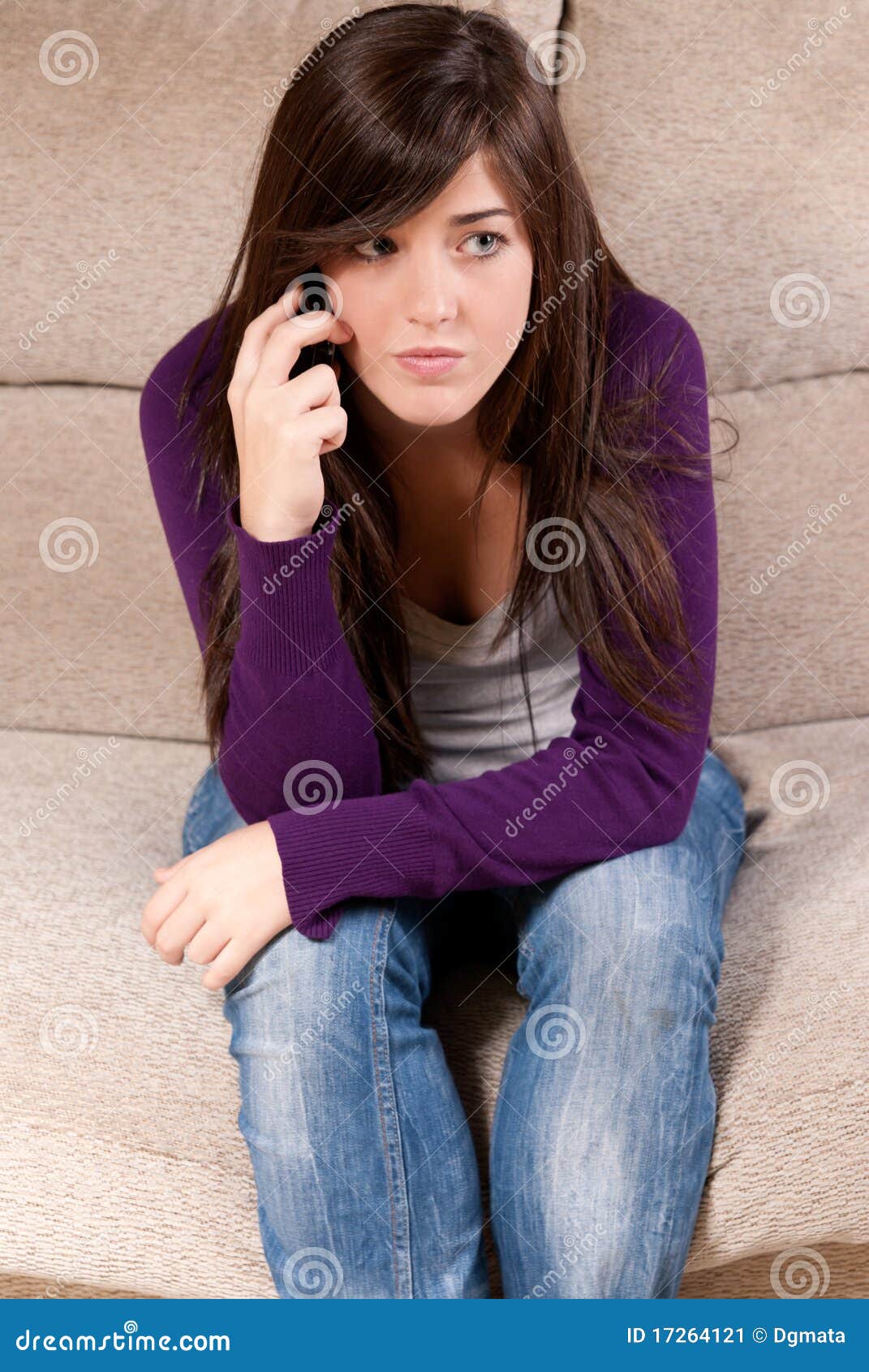 Young Girl Concerned Talking by Telephone Bad Stock Image - Image of ...