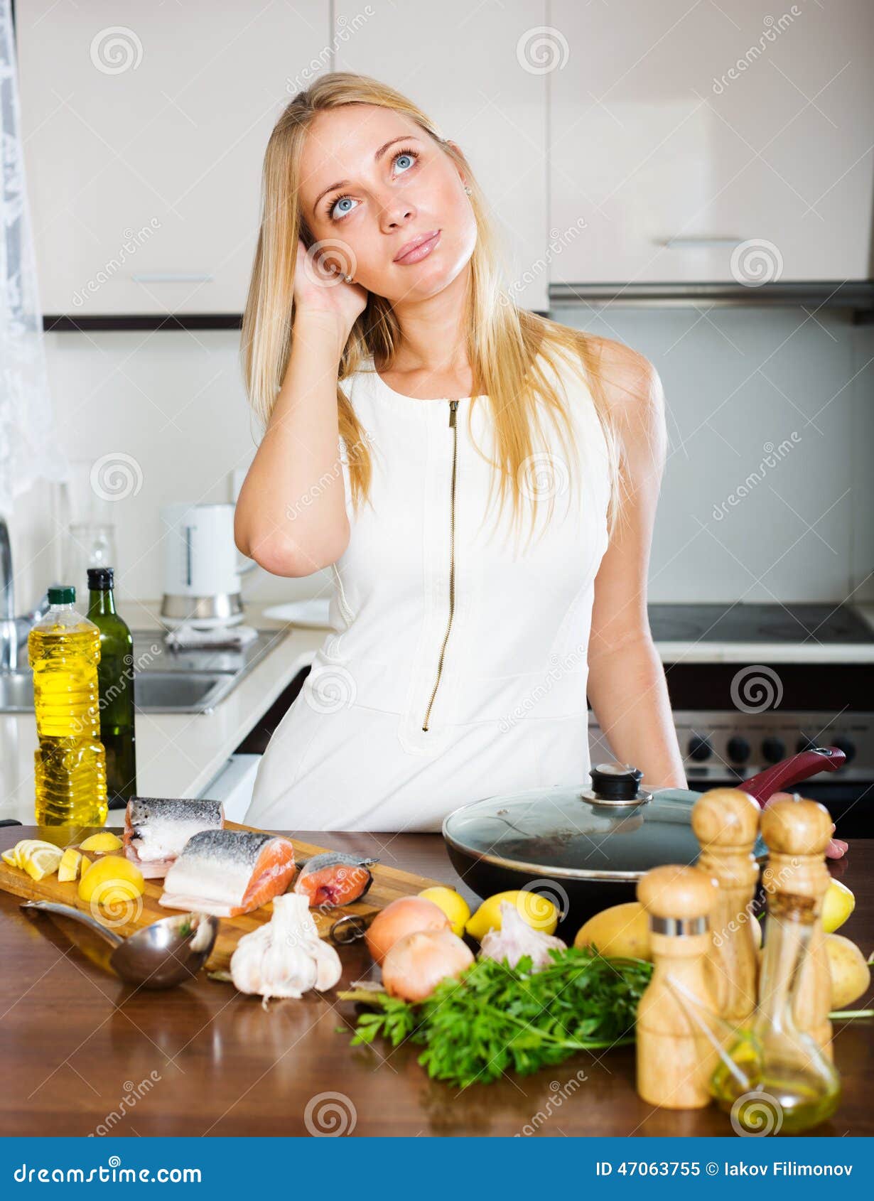 Young Girl Cooking First Dish Stock Image - Image of beginner, salmon ...