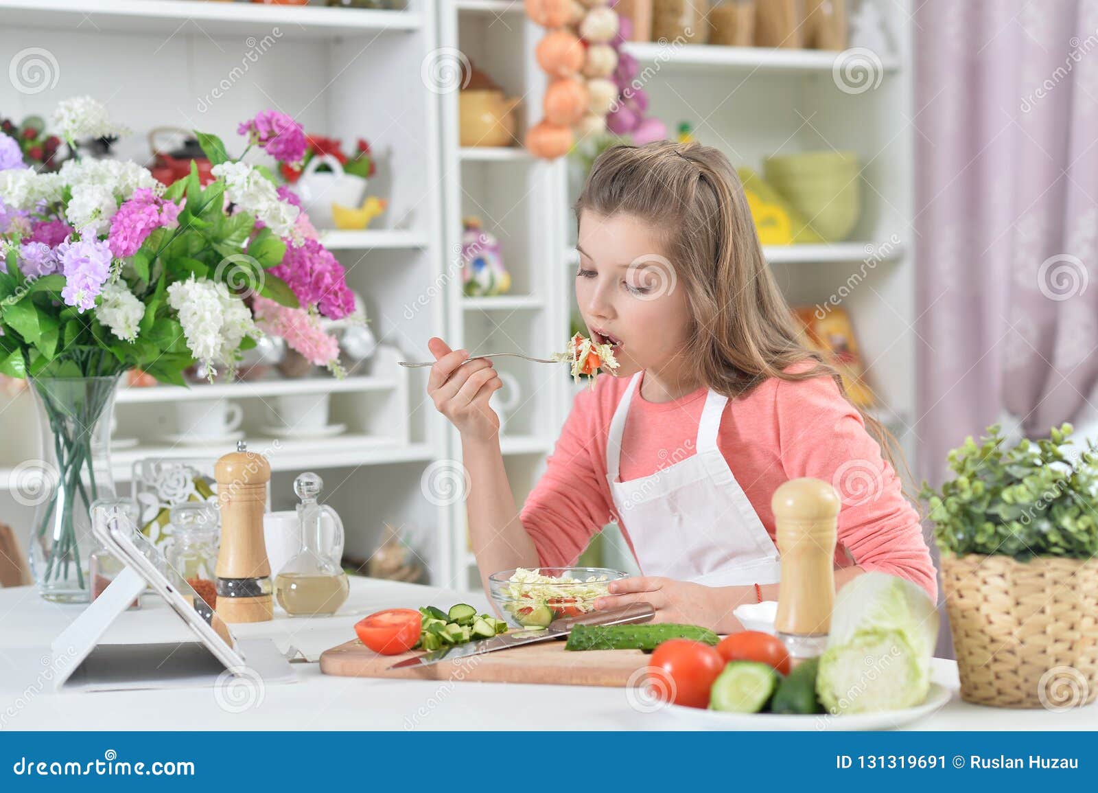 Young Girl Cooking in Kitchen at Home Stock Image - Image of chef ...