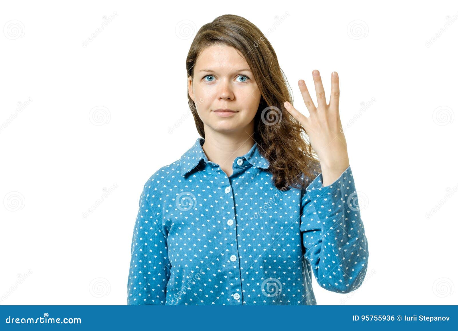 Young girl counting four stock photo. Image of point - 95755936