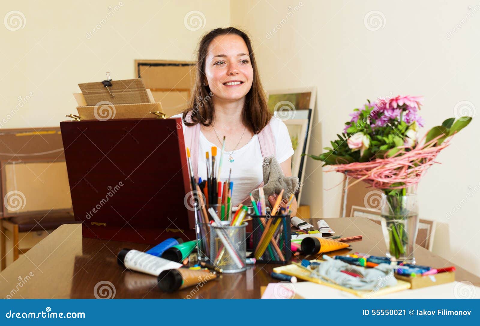 Young Girl Creates a New Picture Stock Image - Image of contentedness ...