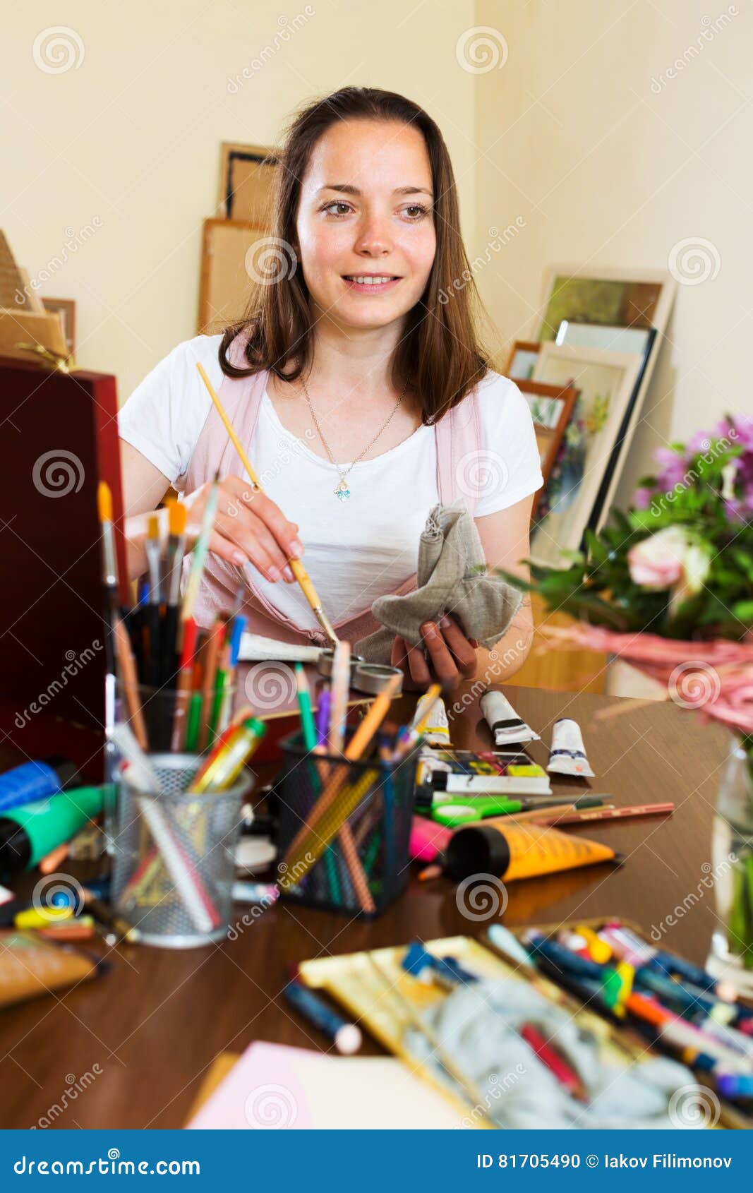 Young Girl Creates a New Picture Stock Photo - Image of blank ...