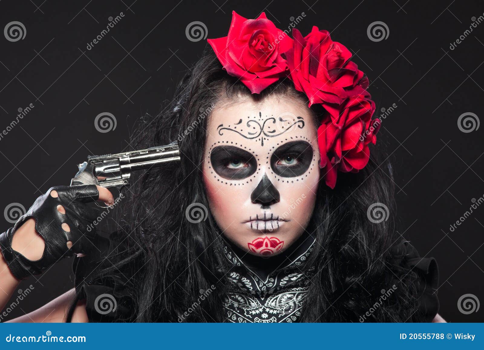 Young Girl in Day of the Dead Mask with Gun Stock Photo - Image of ...