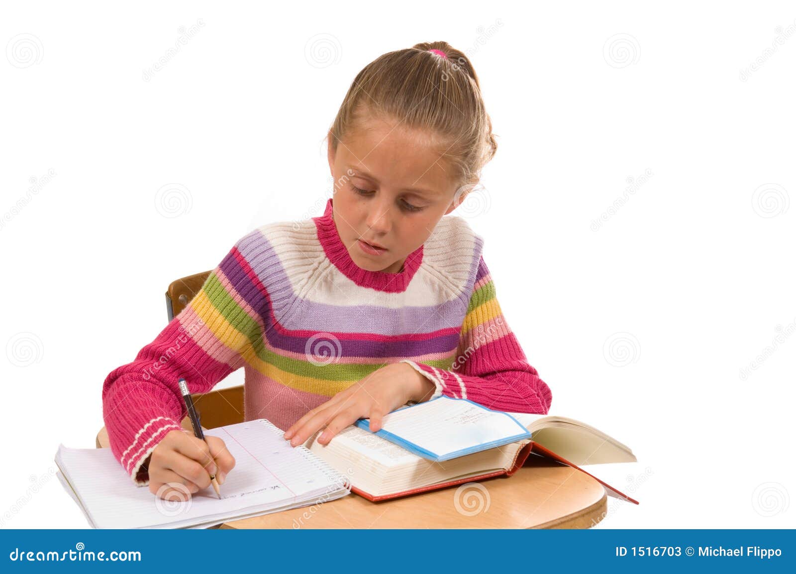 Young Girl at Desk in School on White Stock Image - Image of education ...